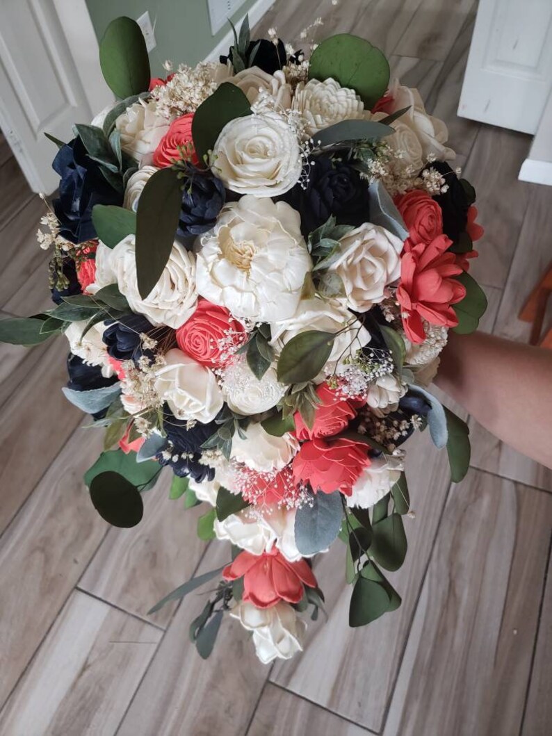 Coral and Navy Blue Cascading Bouquet, Sola Wood Flowers - Etsy