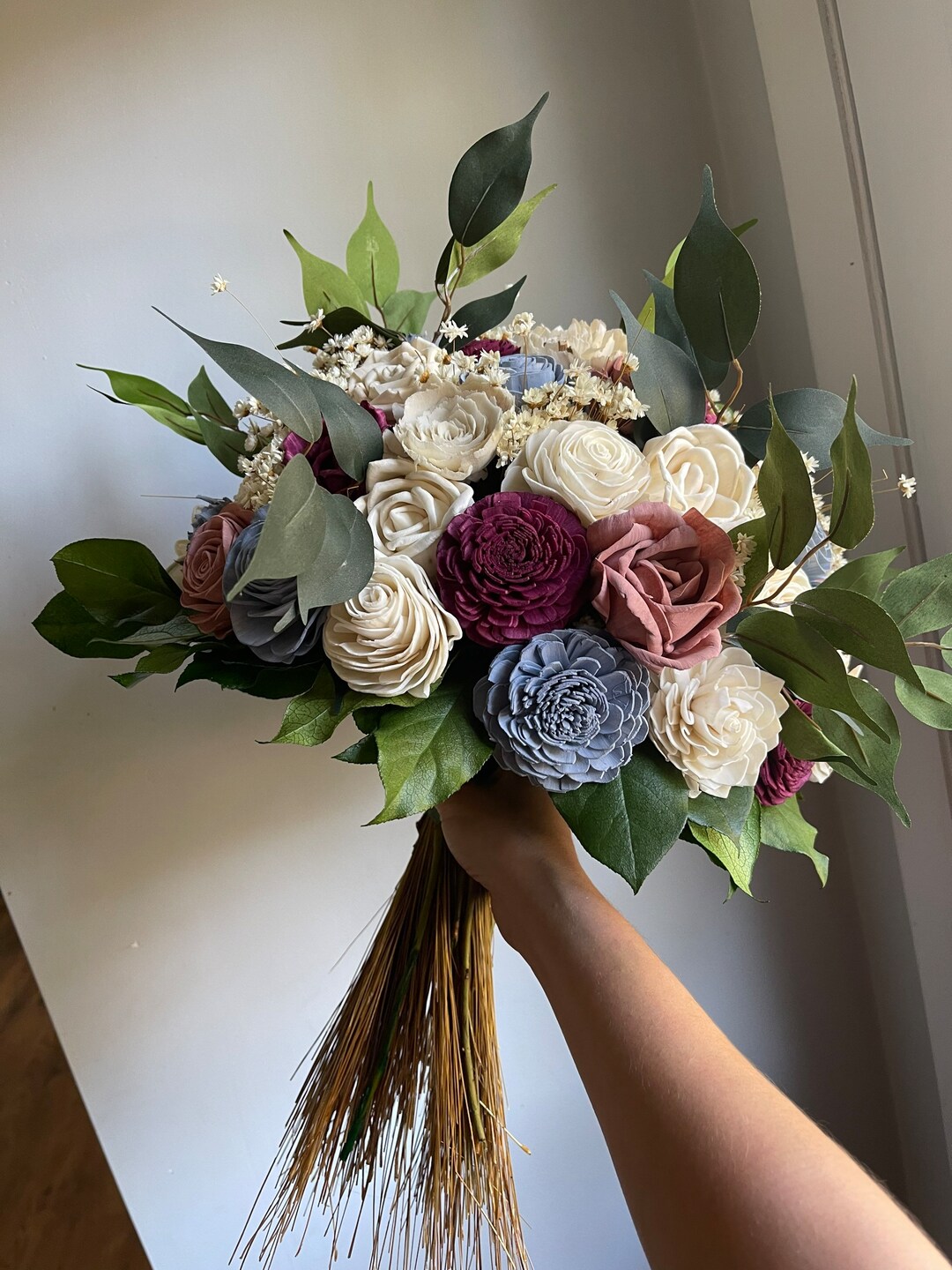 Dusty Blue Dusty Rose and Burgundy Bridal Bouquet | Sola Wood Flowers ...