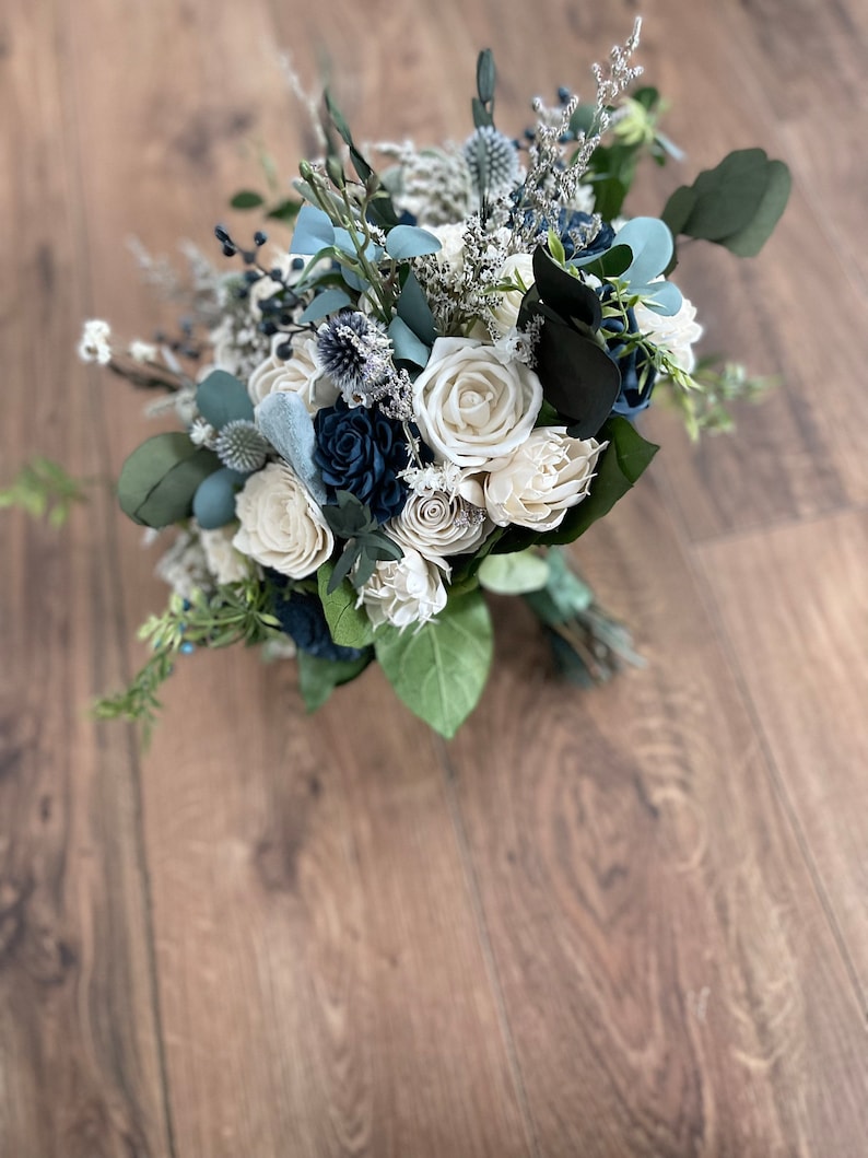 Steel Blue Wedding Bouquet, Sola Wood Flowers - Etsy