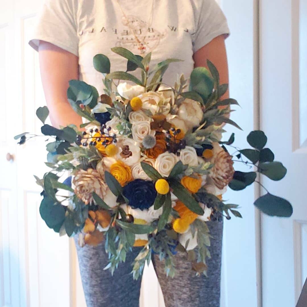 Mustard Yellow and Blue Wedding Bouquet, Sola Wood Flowers - Etsy