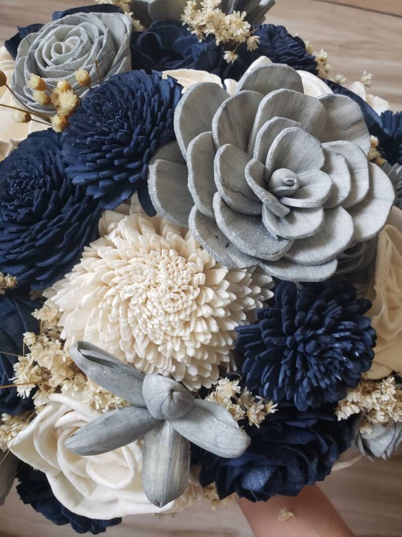Navy Blue and Silver Wedding Bouquet Sola Wood Flowers - Etsy
