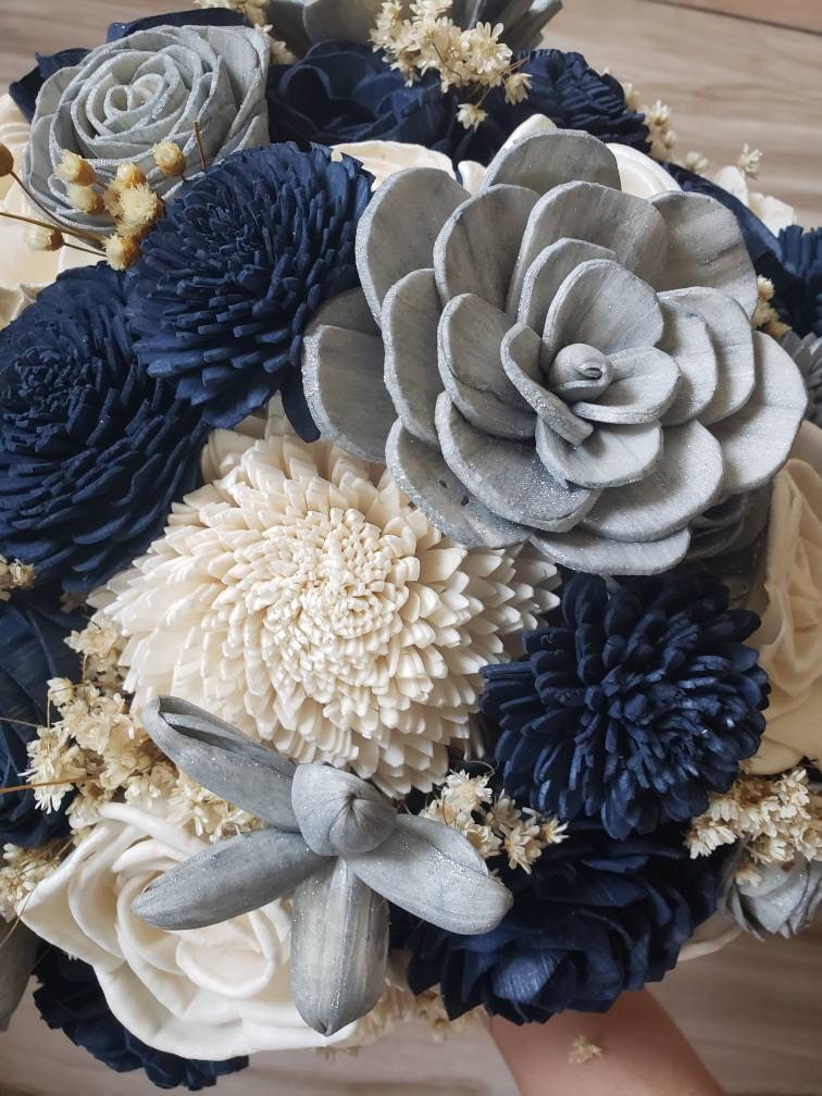 Navy Blue and Silver Wedding Bouquet, Sola Wood Flowers, Keepsake ...