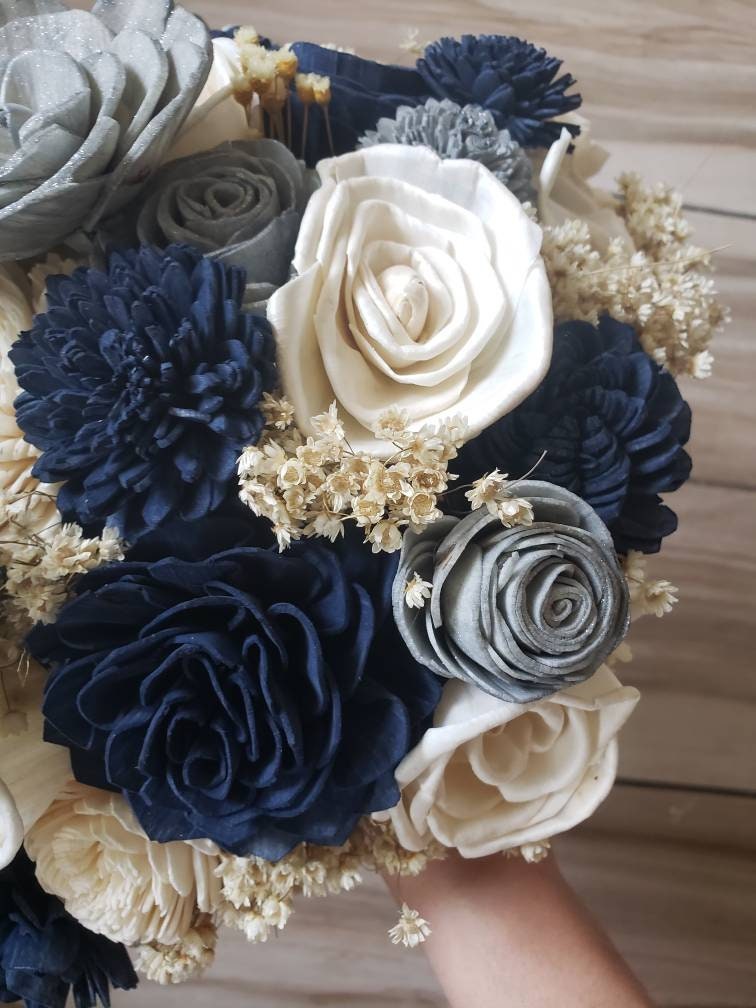 Navy blue and silver wedding bouquet sola wood flowers | Etsy