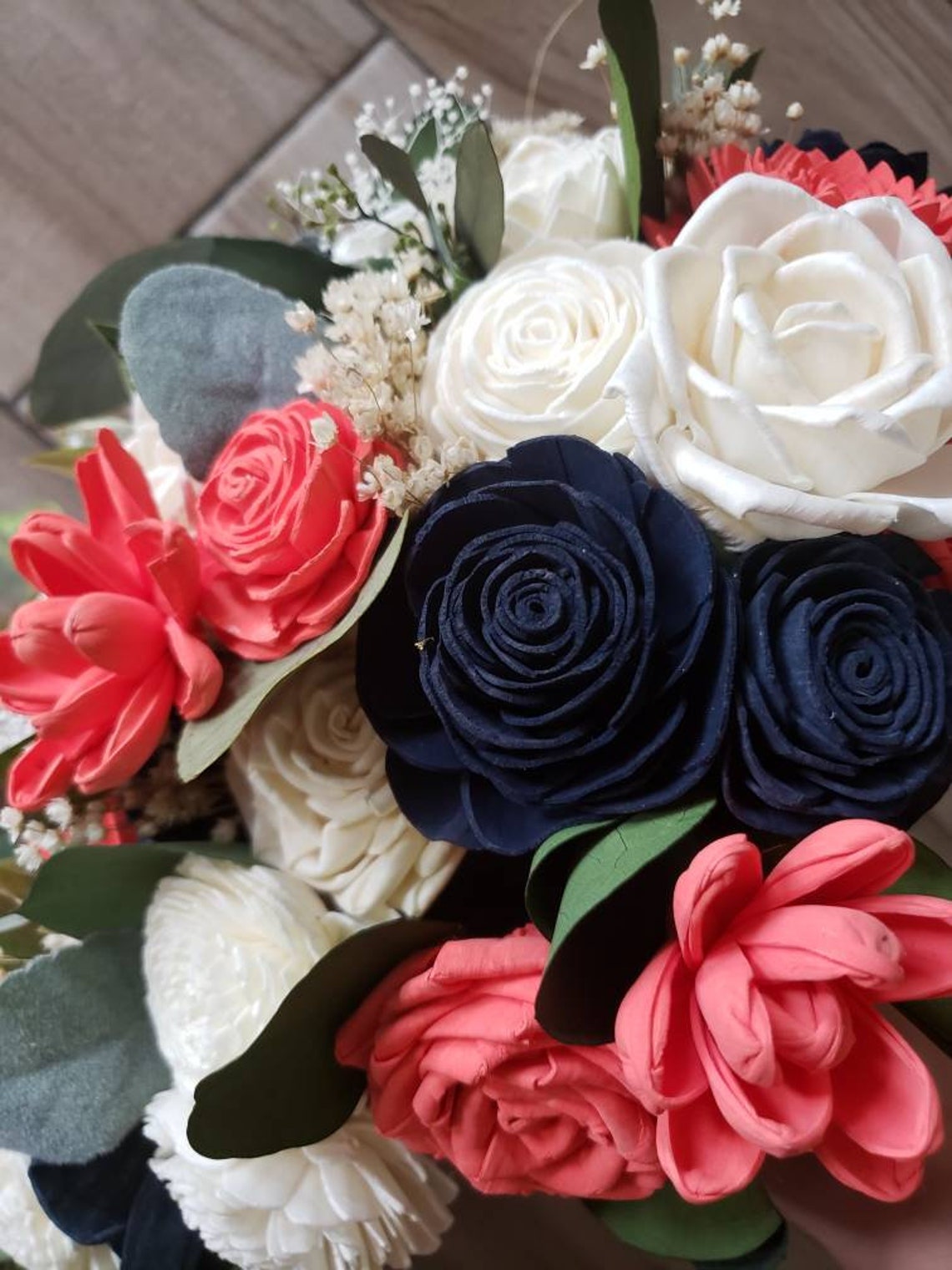 Coral and Navy Blue Cascading Bouquet, Sola Wood Flowers - Etsy