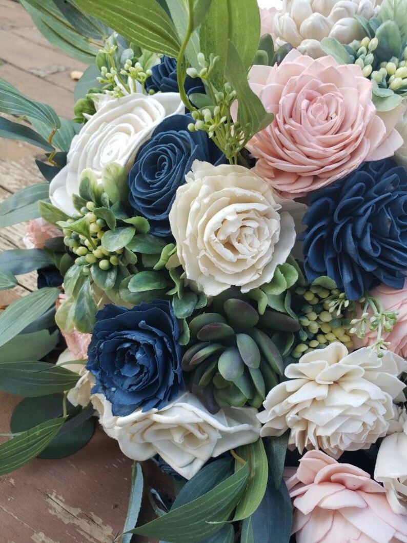 Steel Blue and Blush Cascading Bouquet Sola Wood Flowers - Etsy