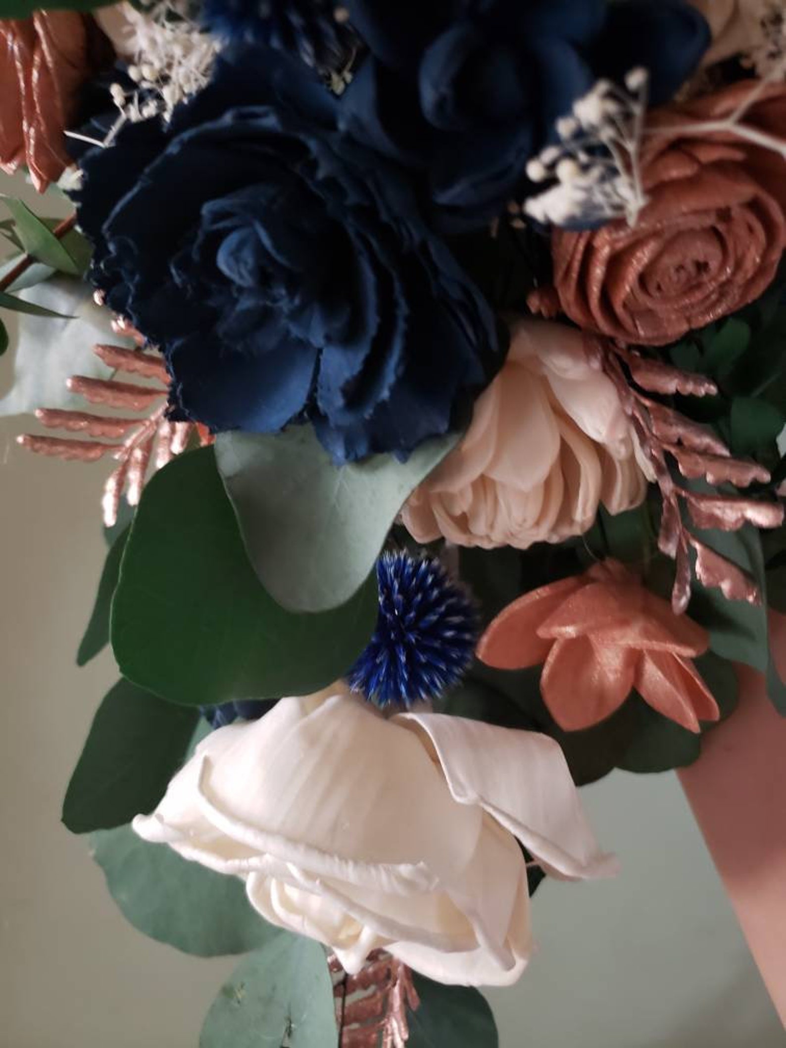 Rose Gold and Navy Blue Cascading Bouquet, Wedding Bouquet, Sola Wood ...