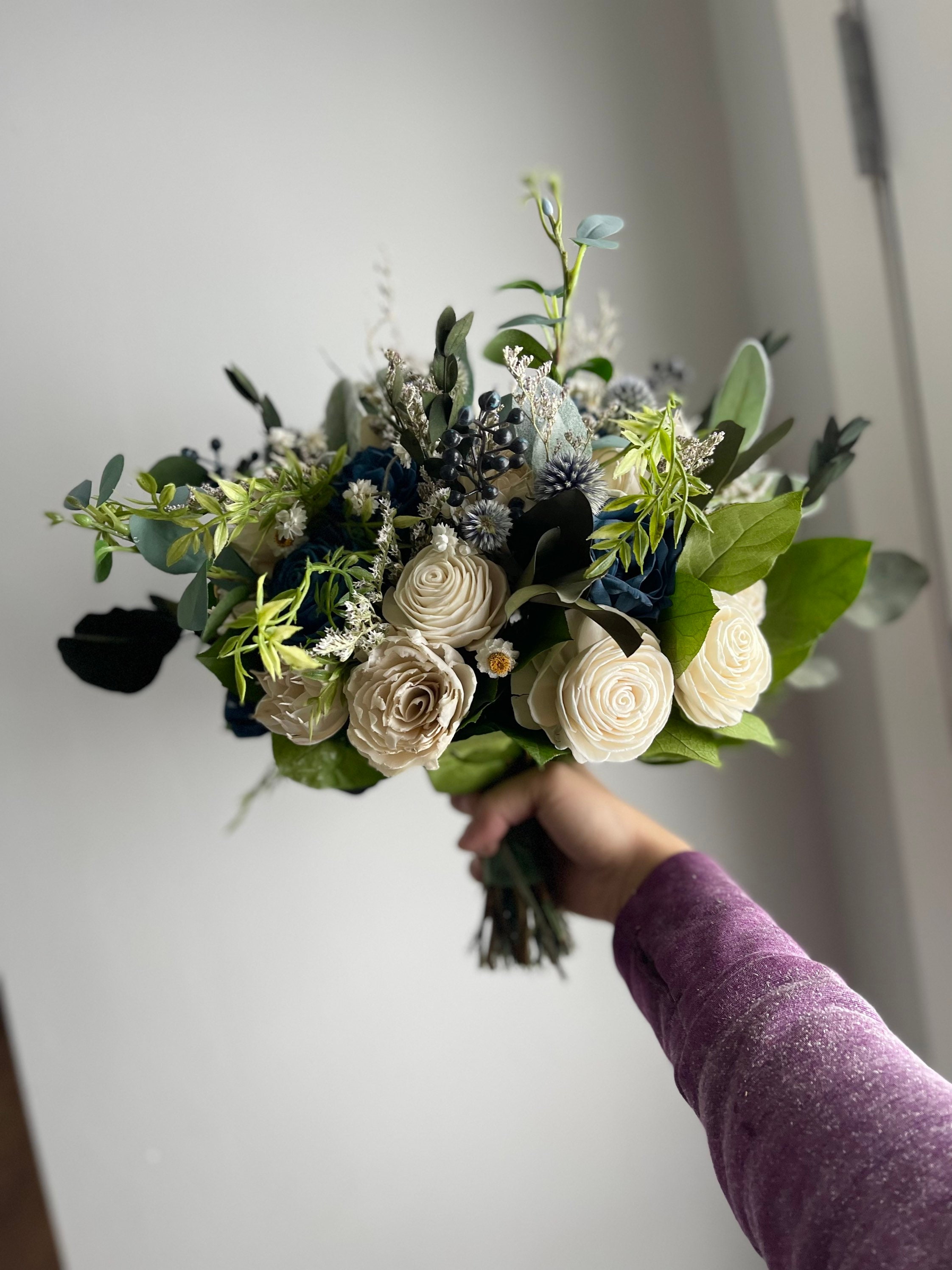 Steel Blue Wedding Bouquet, Sola Wood Flowers - Etsy