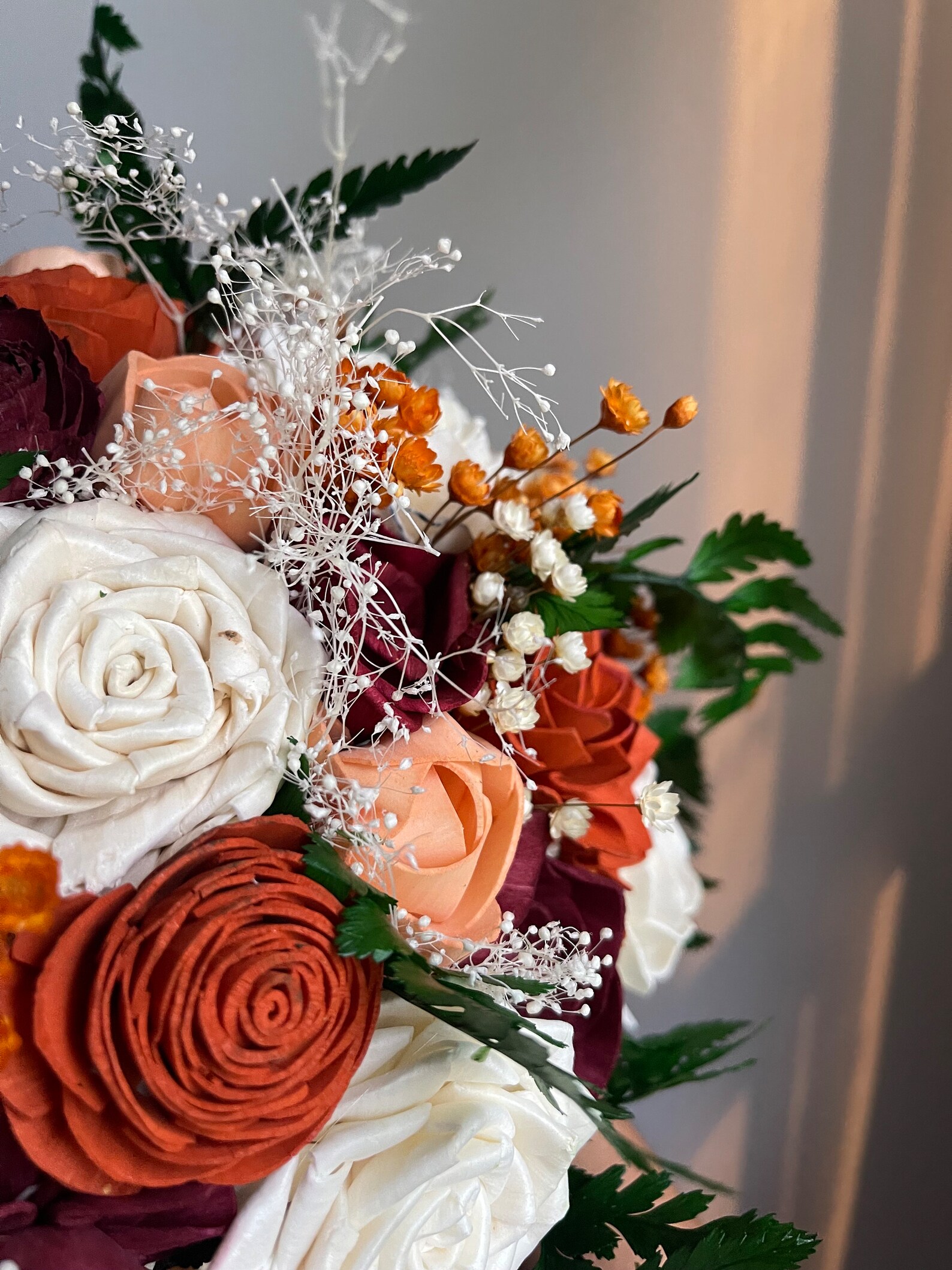 Burgundy Burnt Orange and Peach Bridal Bouquet | Sola Wood Flowers ...