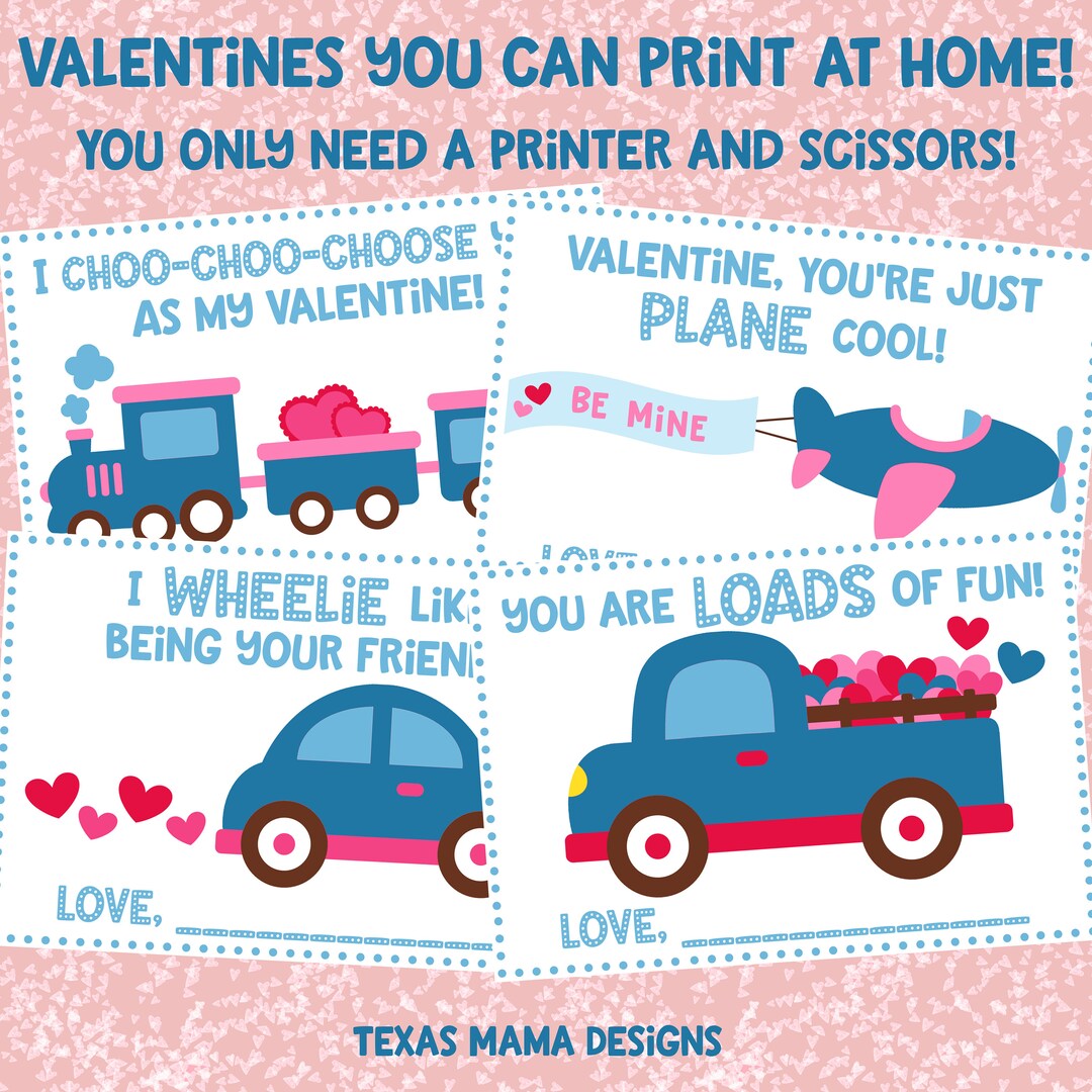 Vehicle Valentines Day Cards, Kids Valentines Day Cards, DIY Valentines ...