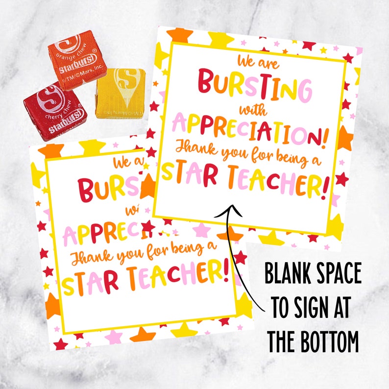 Teacher Appreciation Gift Tag, Bursting With Appreciation, Teacher ...