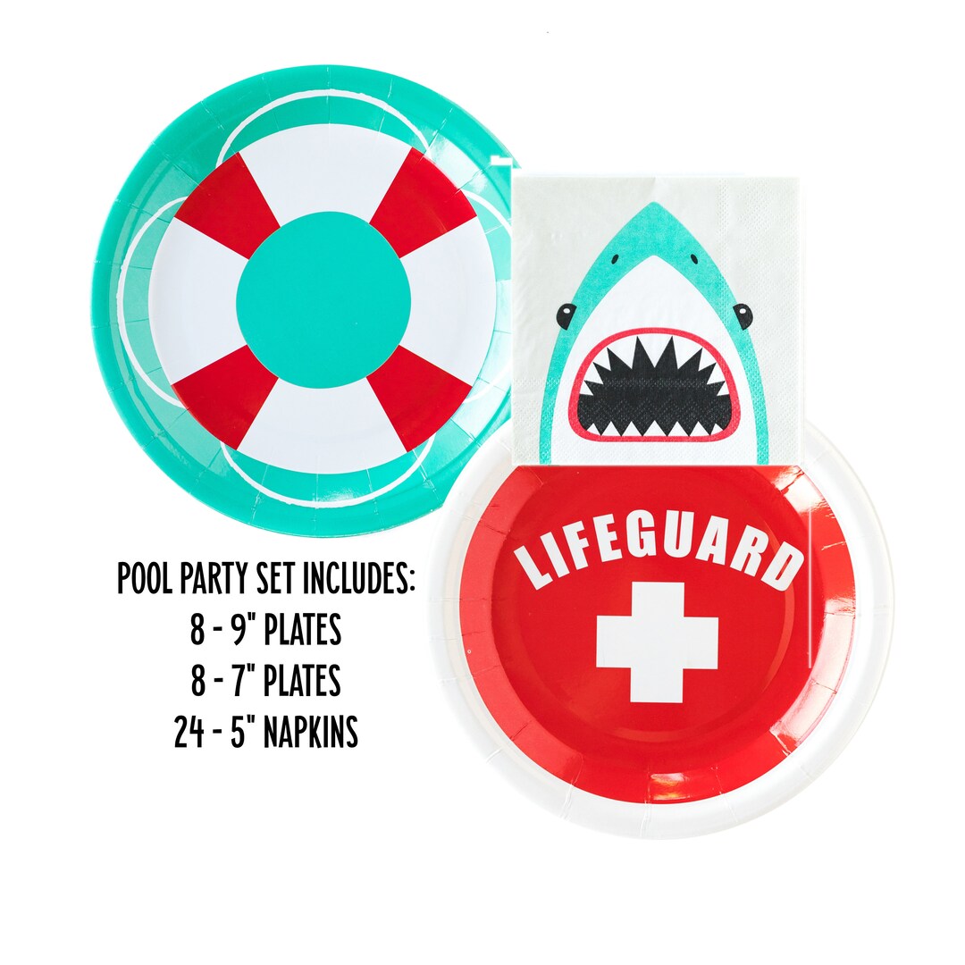 Pool Party Tableware, Shark Napkins, Lifeguard Plates, Life Preserver ...