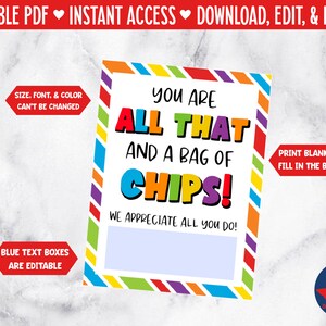 Teacher Appreciation Tag, All That and a Bag of Chips, Teacher Gift ...