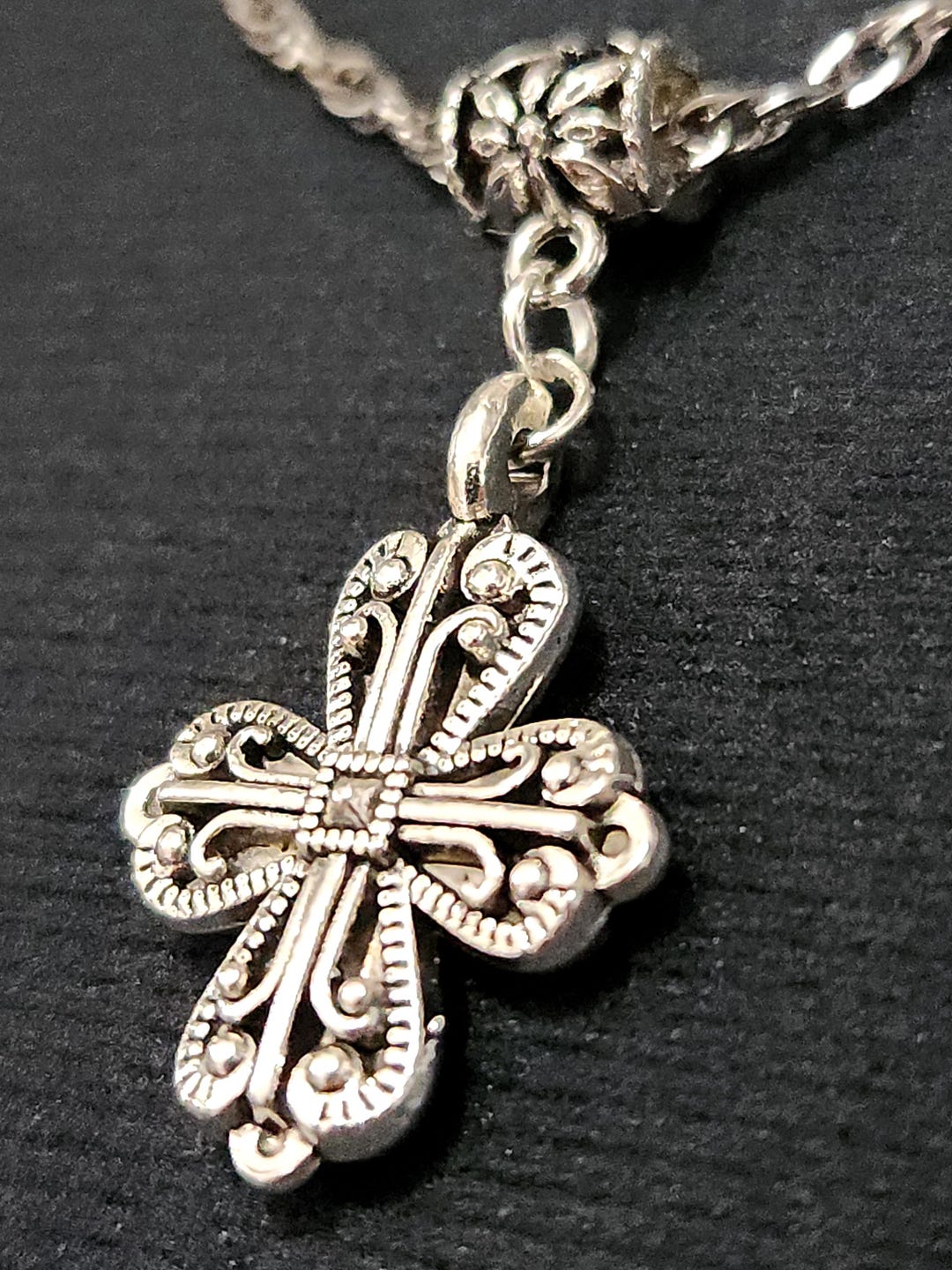 Ornate Victorian Scrollwork Cross Pendant in Antiqued Silver, Suspended by Decorative Silver ...