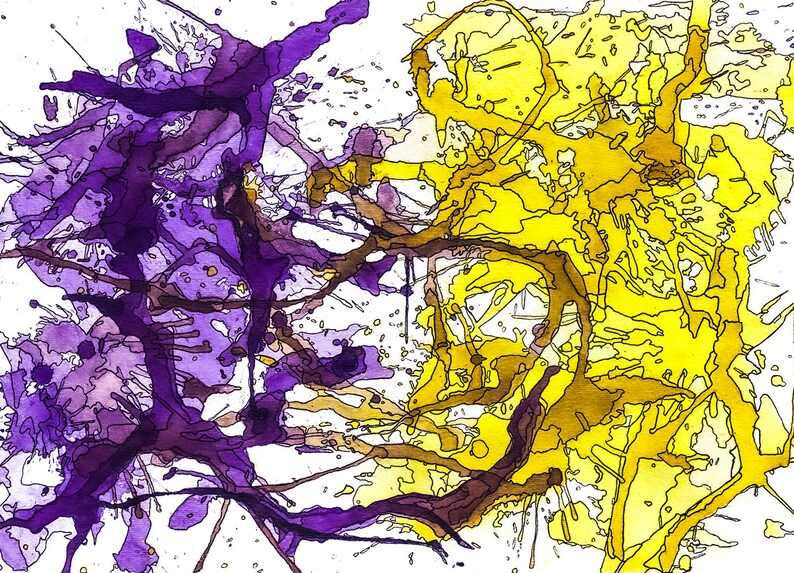 MOIRA Watercolor Artist Original Abstract Purple & Yellow Black Ink ...