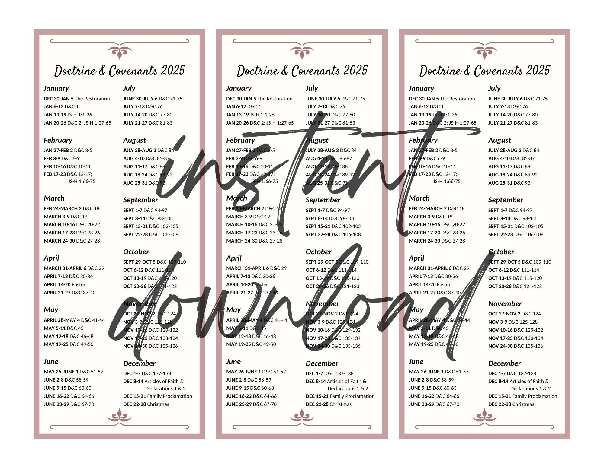 Come, Follow Me 2025 Doctrine & Covenants Reading Schedule Bookmark in ...
