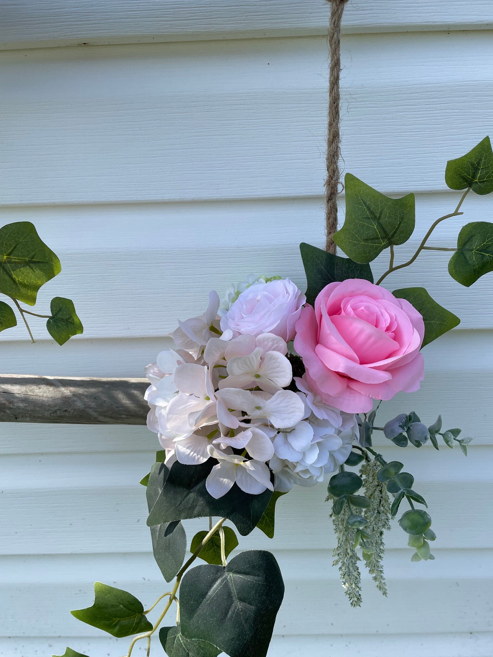 Rustic Farmhouse Ladder With Ivy, Peach Hydrangeas, Pink Roses, White ...