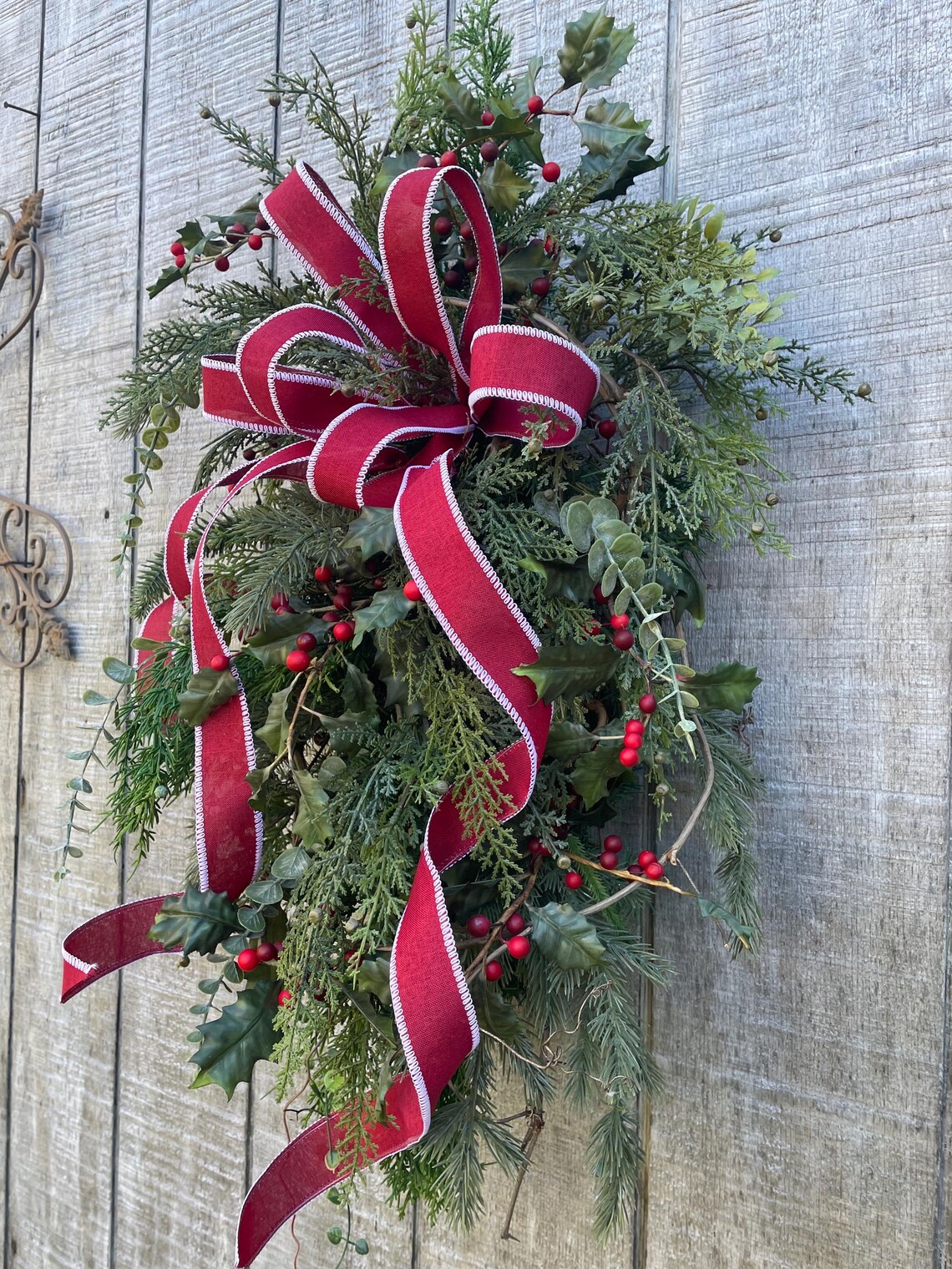 Christmas Swag for Door, Long Wreath, Red Holly Berries, Red Bow, Pines ...