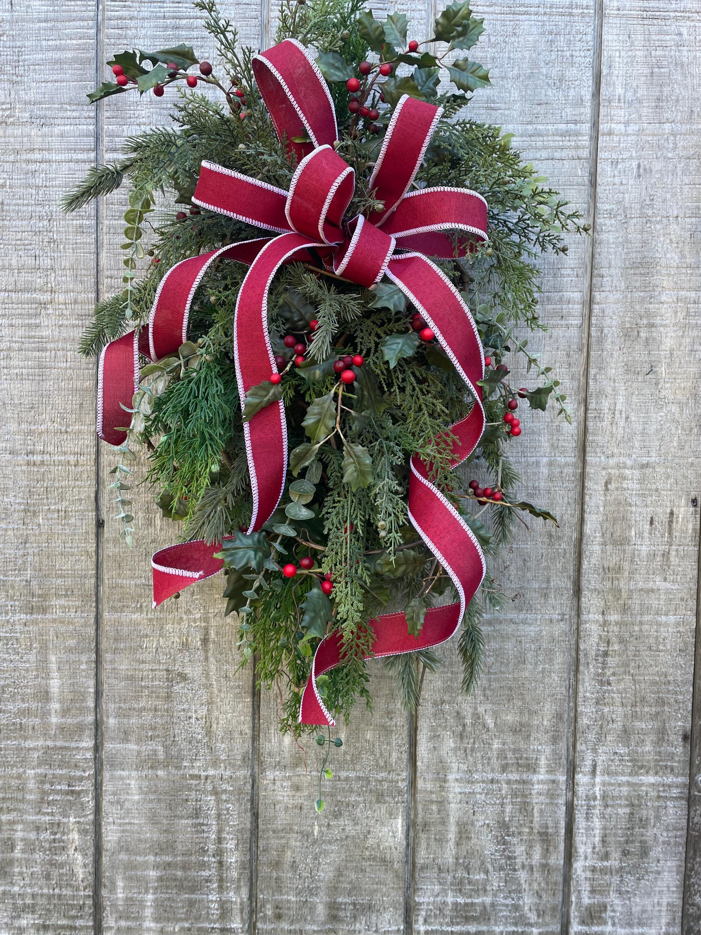 Christmas Swag for Door, Long Wreath, Red Holly Berries, Red Bow, Pines ...