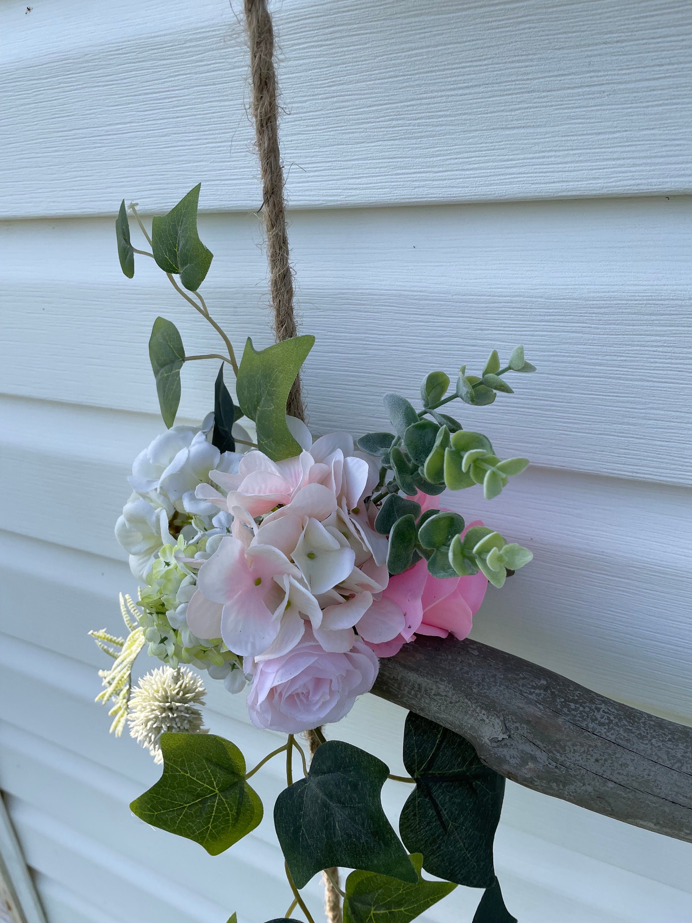 Rustic Farmhouse Ladder With Ivy, Peach Hydrangeas, Pink Roses, White ...