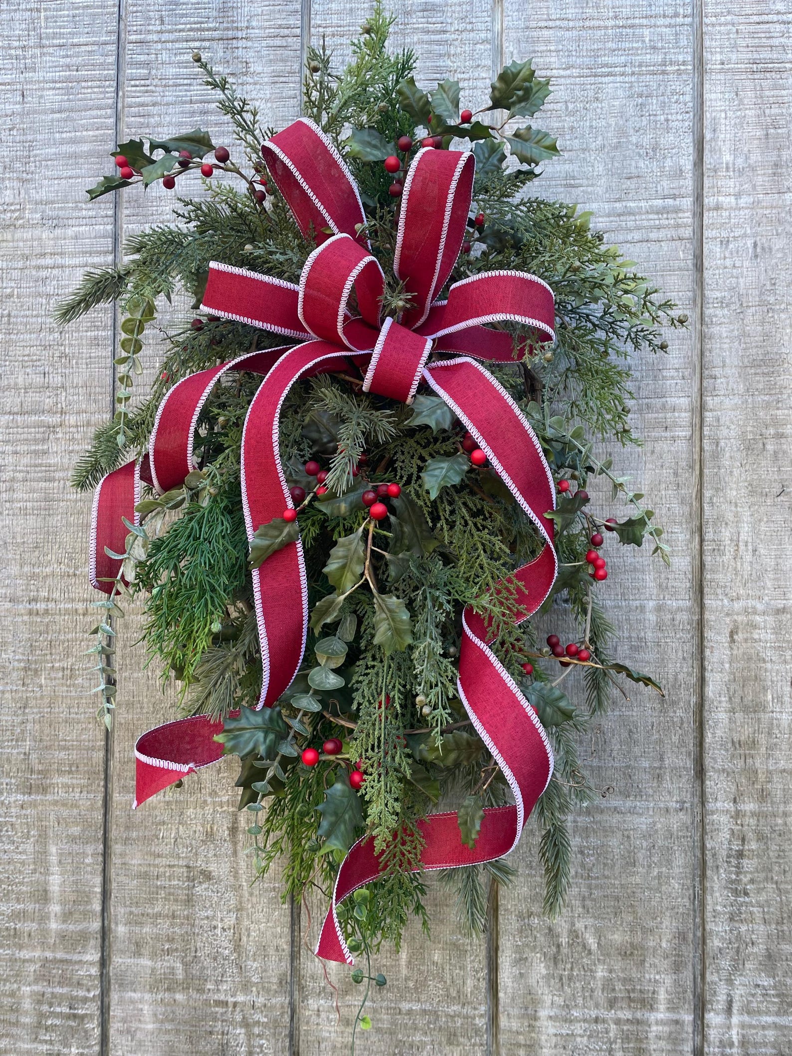 Christmas Swag for Door, Long Wreath, Red Holly Berries, Red Bow, Pines ...
