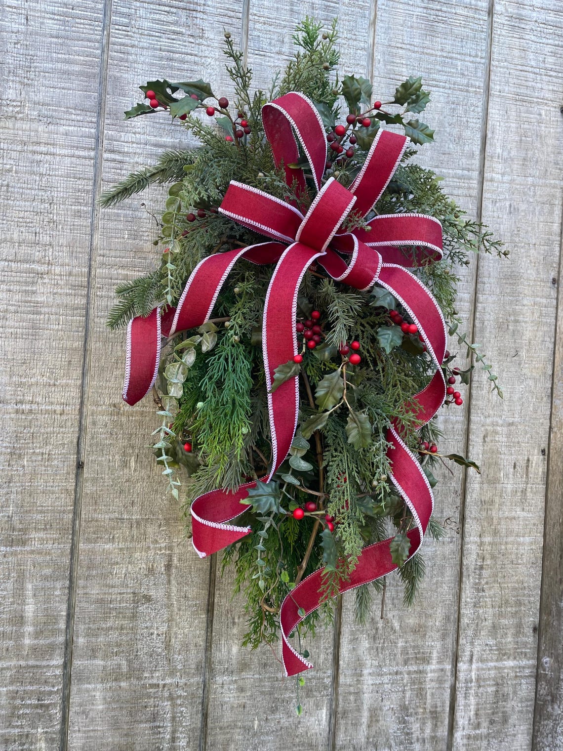 Christmas Swag for Door, Long Wreath, Red Holly Berries, Red Bow, Pines ...