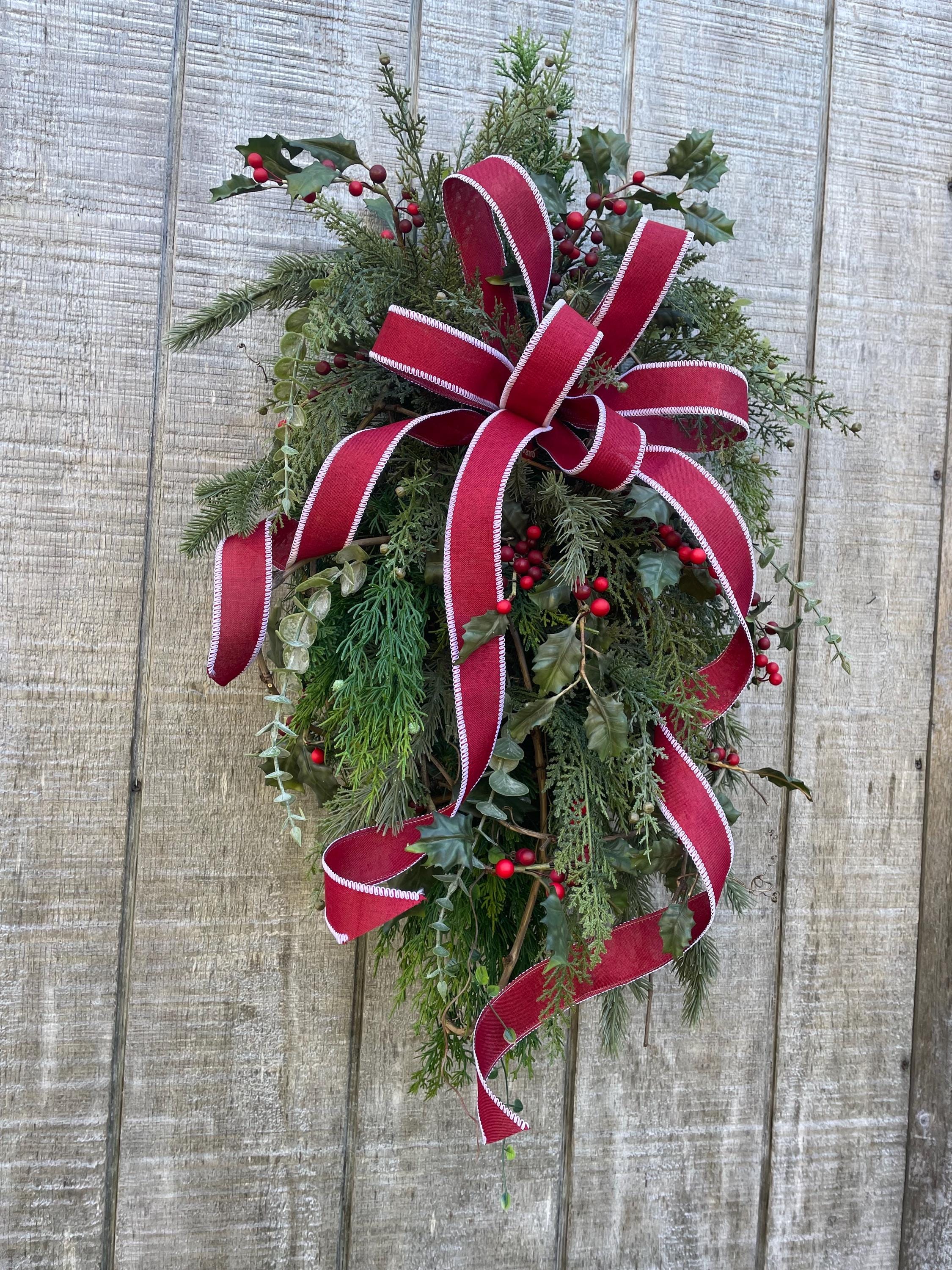 Christmas Swag for Door, Long Wreath, Red Holly Berries, Red Bow, Pines ...