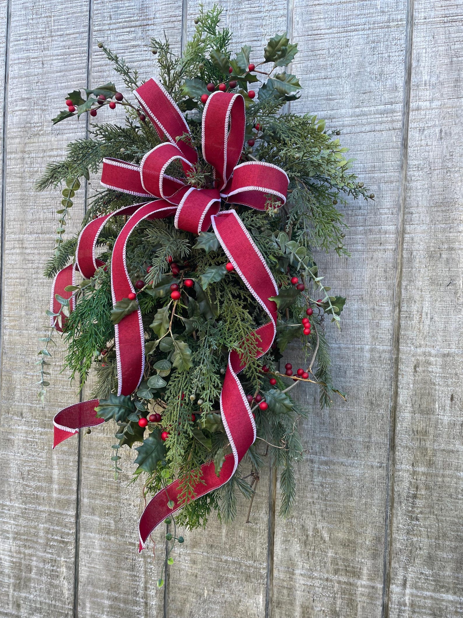 Christmas Swag for Door, Long Wreath, Red Holly Berries, Red Bow, Pines ...