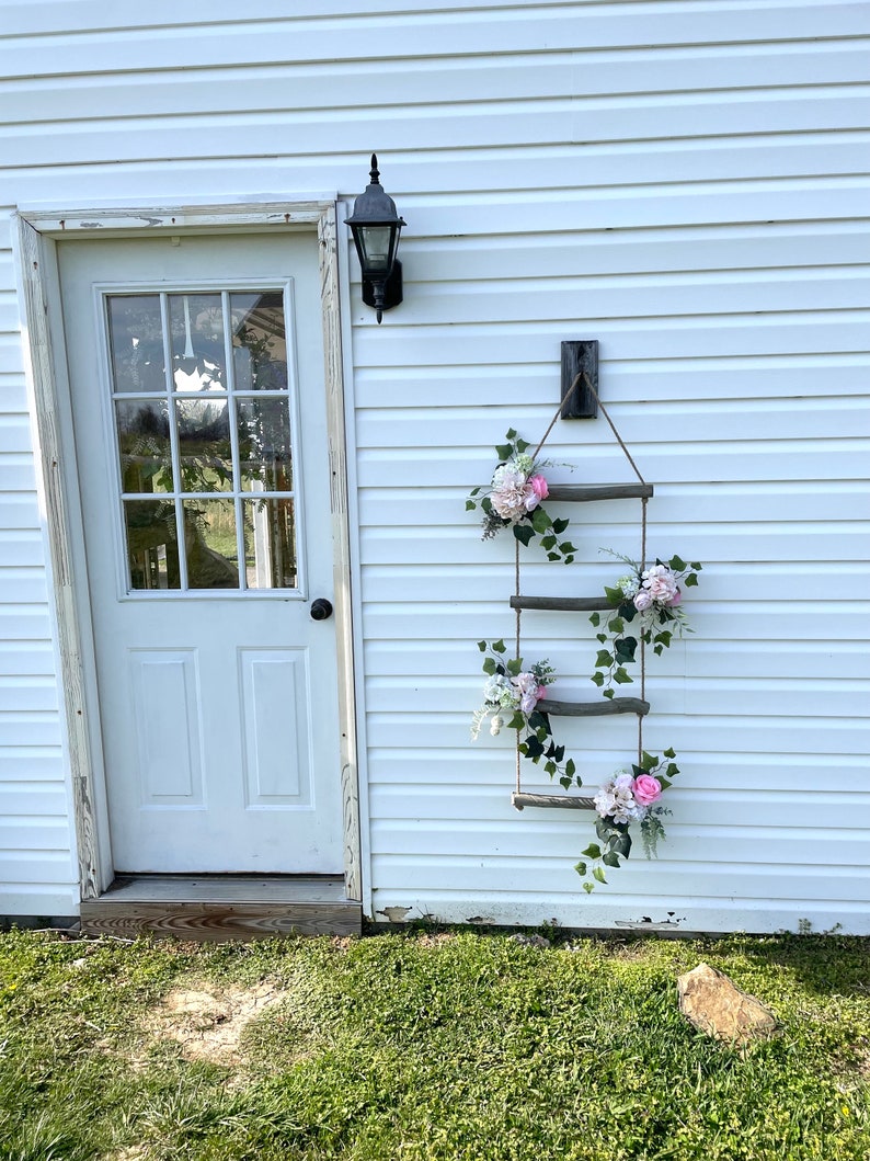 Rustic Farmhouse Ladder With Ivy, Peach Hydrangeas, Pink Roses, White ...