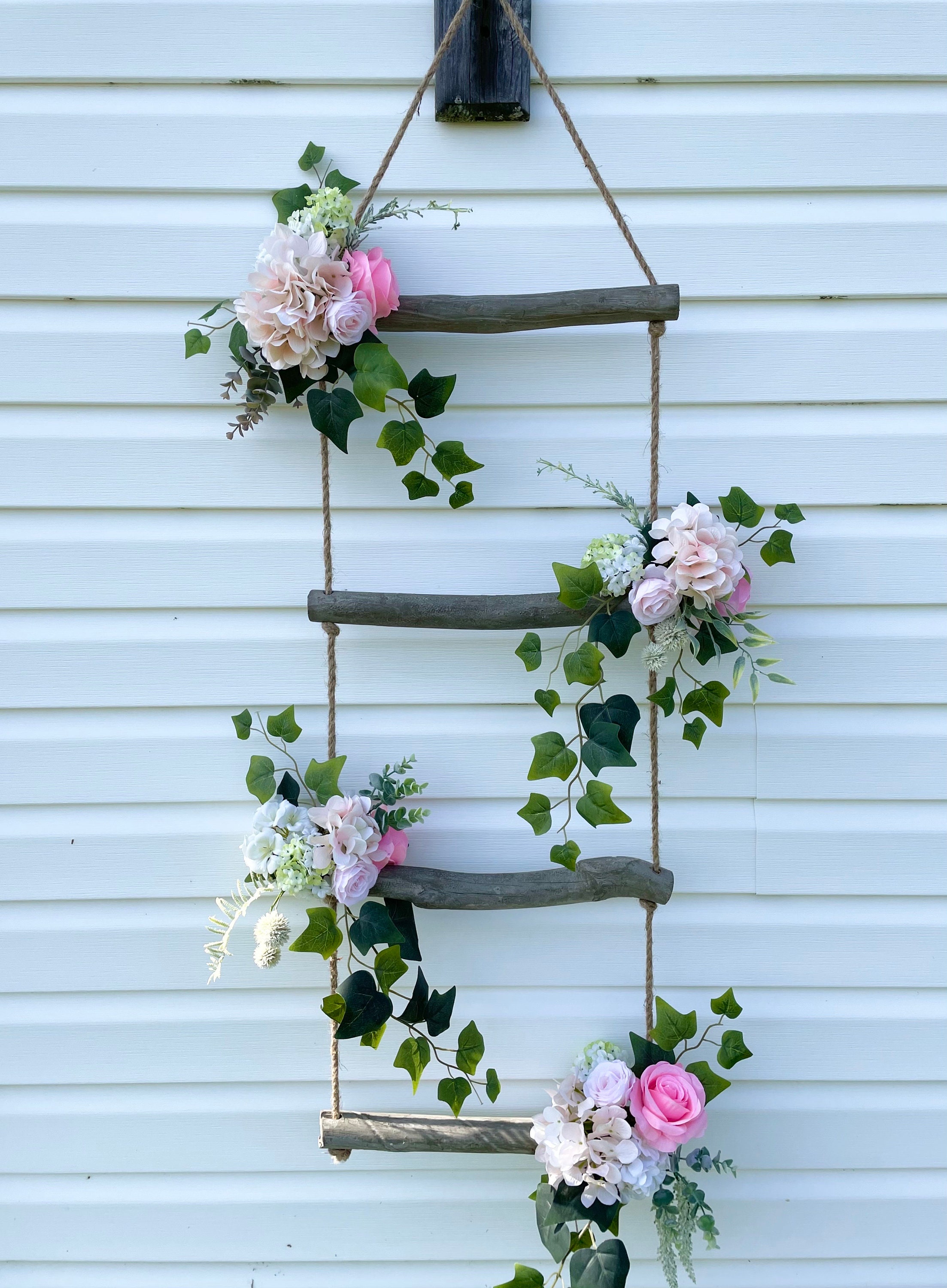 Rustic Farmhouse Ladder With Ivy, Peach Hydrangeas, Pink Roses, White ...
