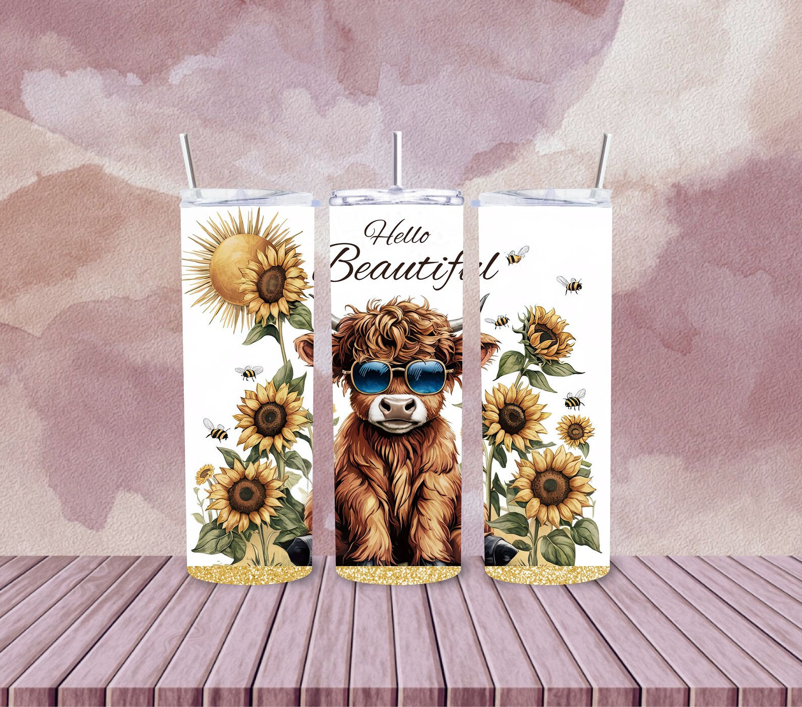 Highland Cow Sunflower Hello Beautiful 20oz Tumbler Wrap, Digital File ...