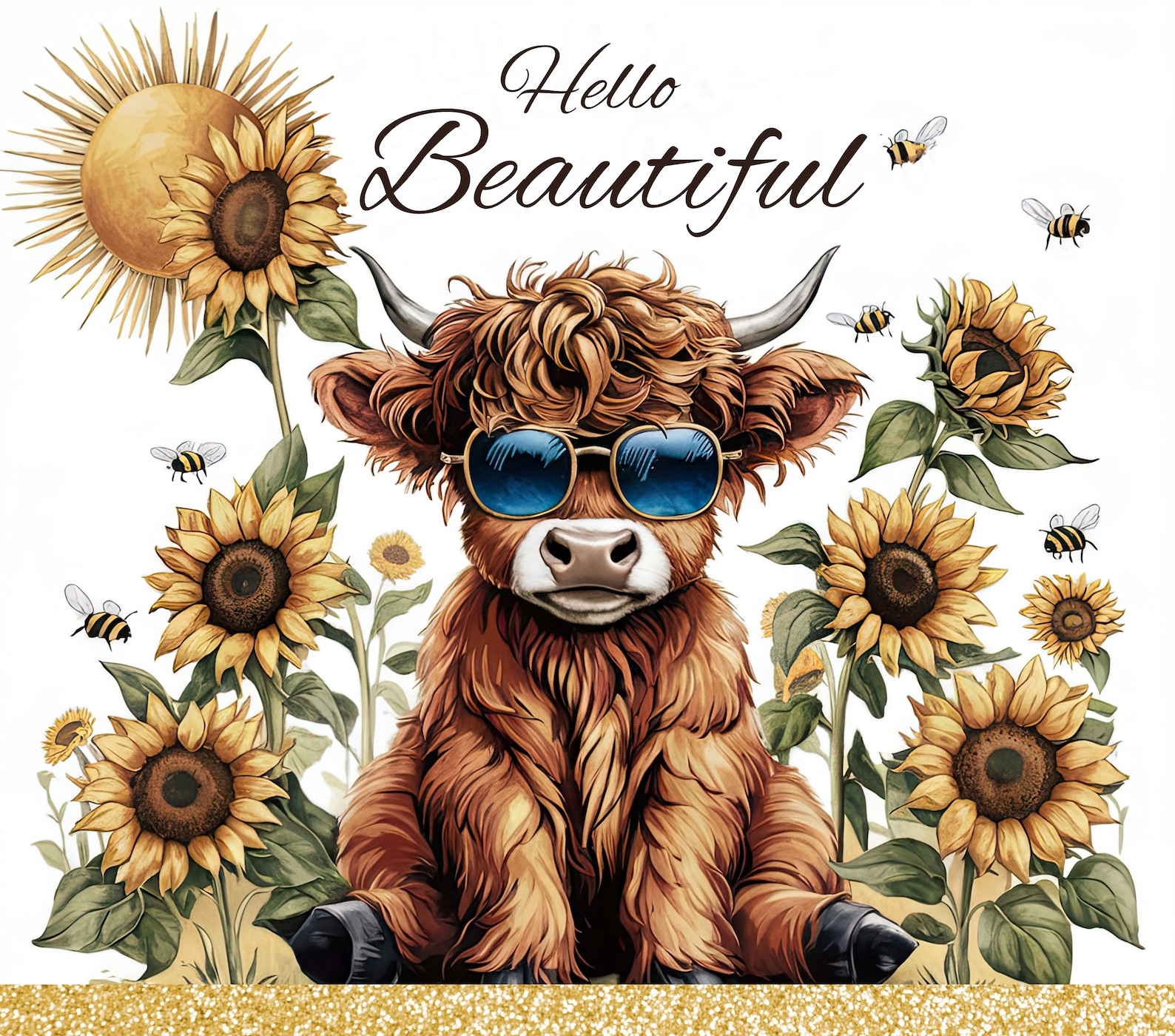 Highland Cow Sunflower Hello Beautiful 20oz Tumbler Wrap, Digital File ...