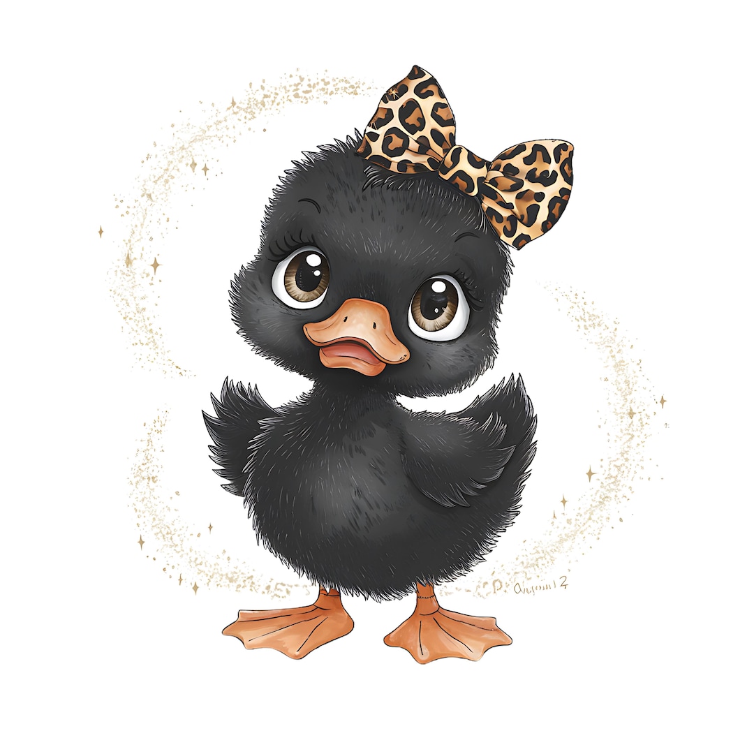 Cute Black Duckling With Leopard Print Bow Png, Duck, Baby Clipart ...