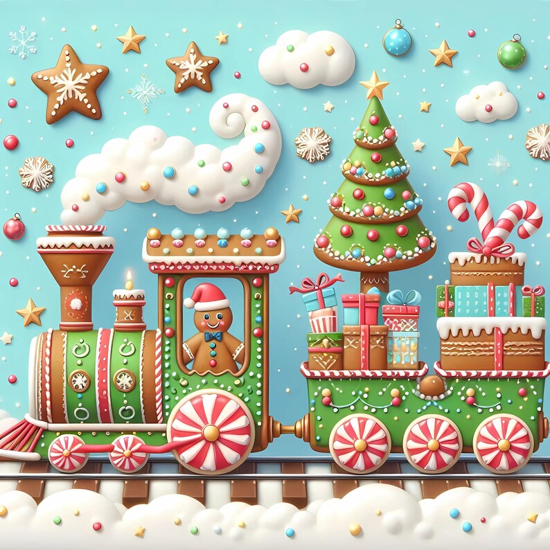 Gingerbread Christmas Train PNG: Vintage Watercolor Clipart (digital ...