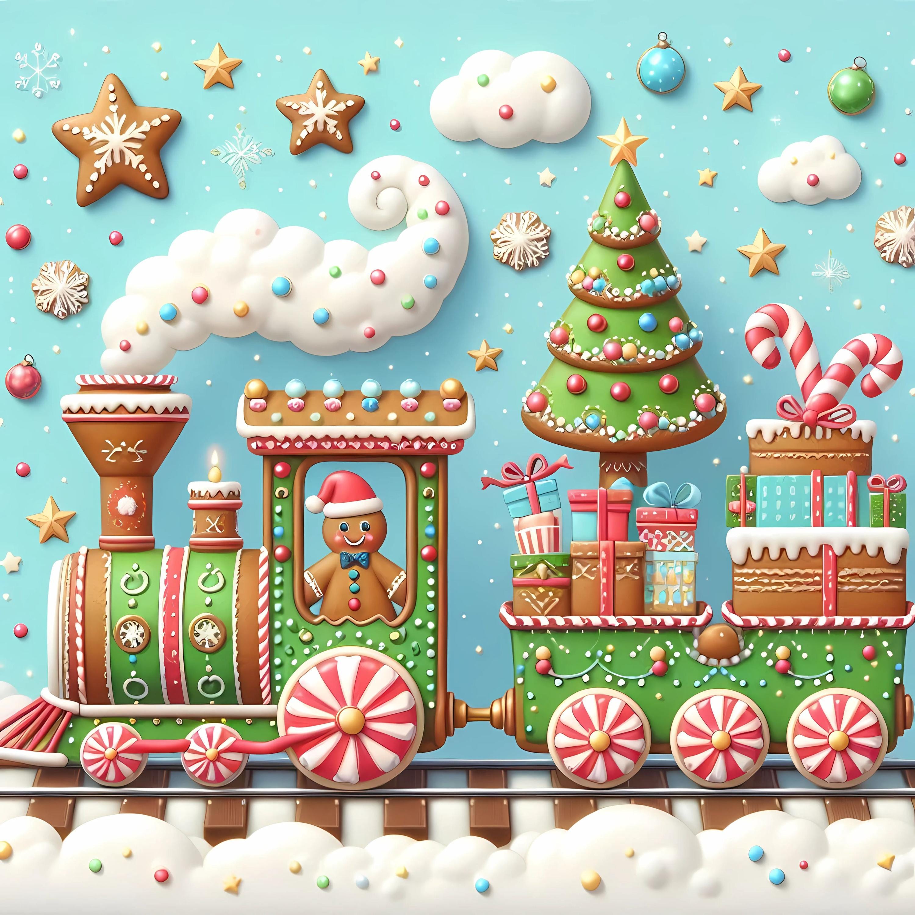 Gingerbread Christmas Train PNG: Vintage Watercolor Clipart (digital ...