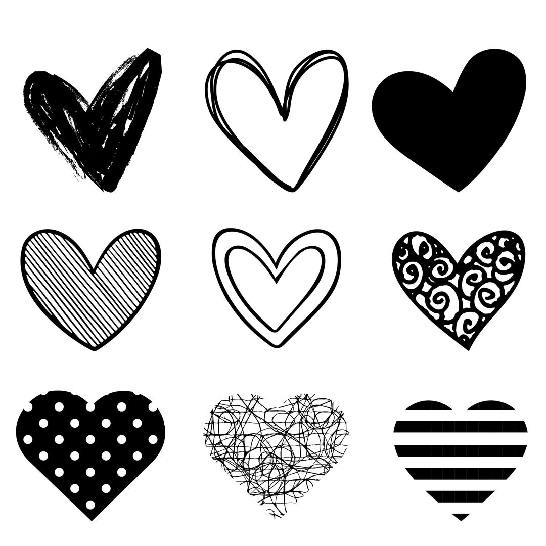 Black and White Hearts Clipart: Valentine's Day SVG, PNG, Jpeg (digital ...