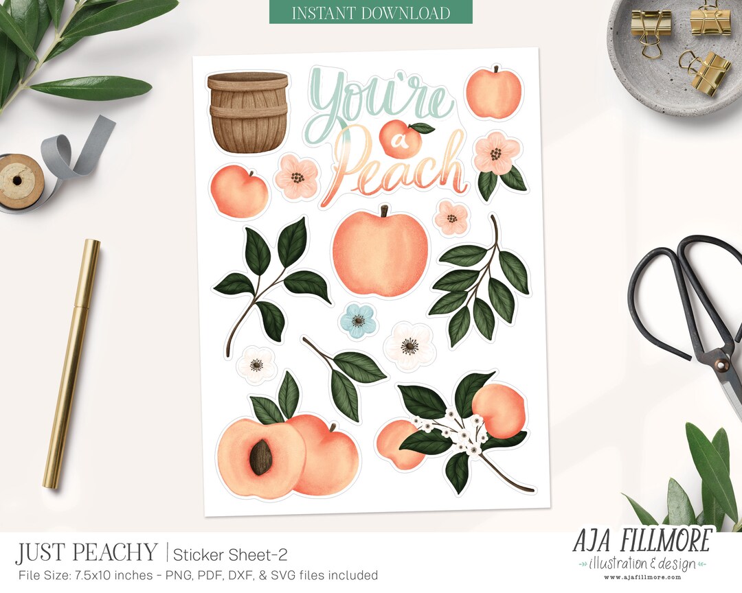 Peach Stickers, Printable Stickers, Peach Clipart, Digital Stickers ...