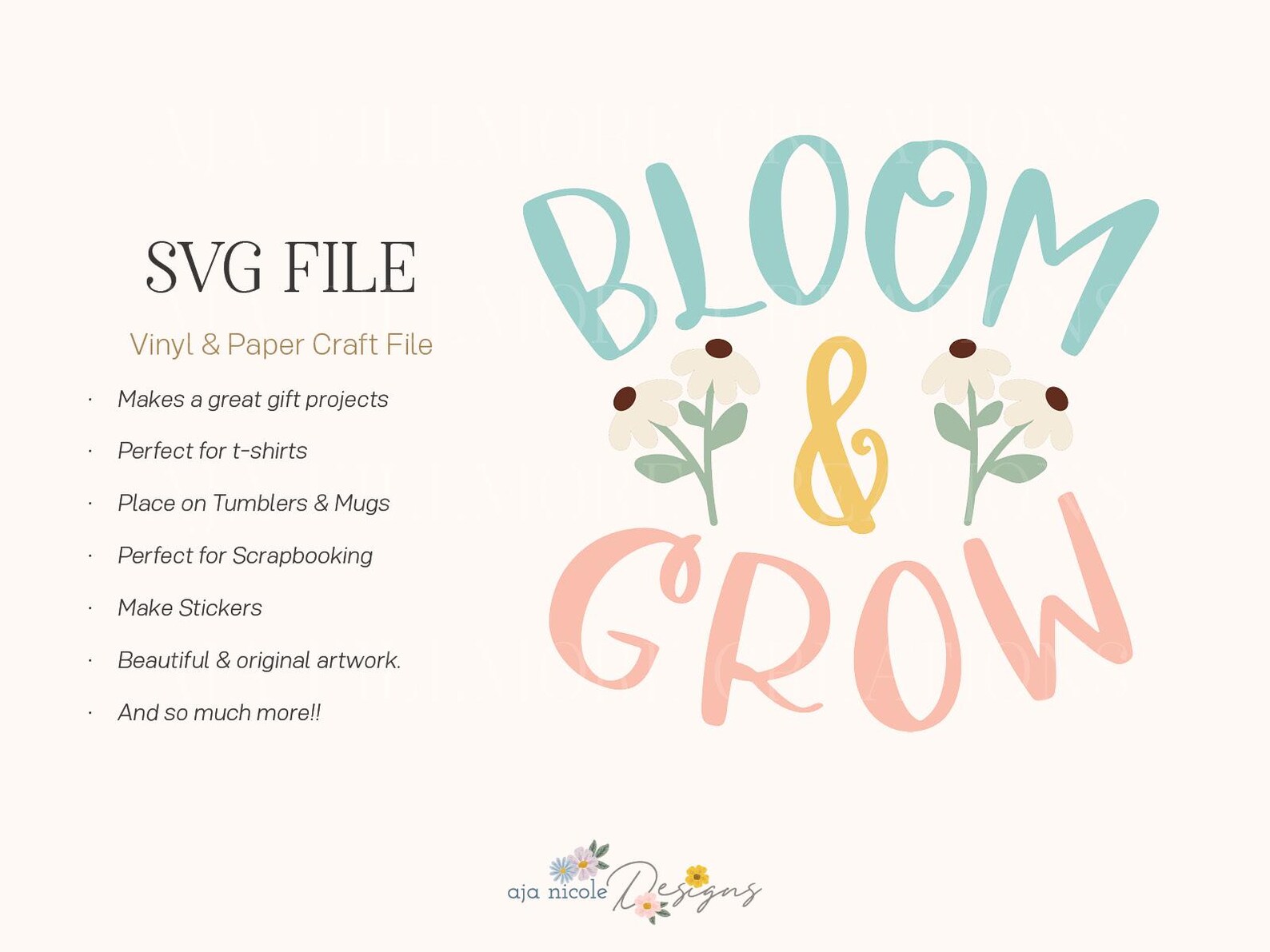 Bloom & Grow SVG, Inspirational Floral Cut File, Hand-lettered Design ...