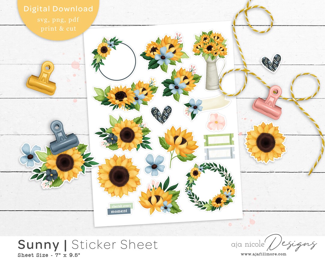 Sunflower Stickers, Printable Stickers, Sunflower Clipart, Digital ...