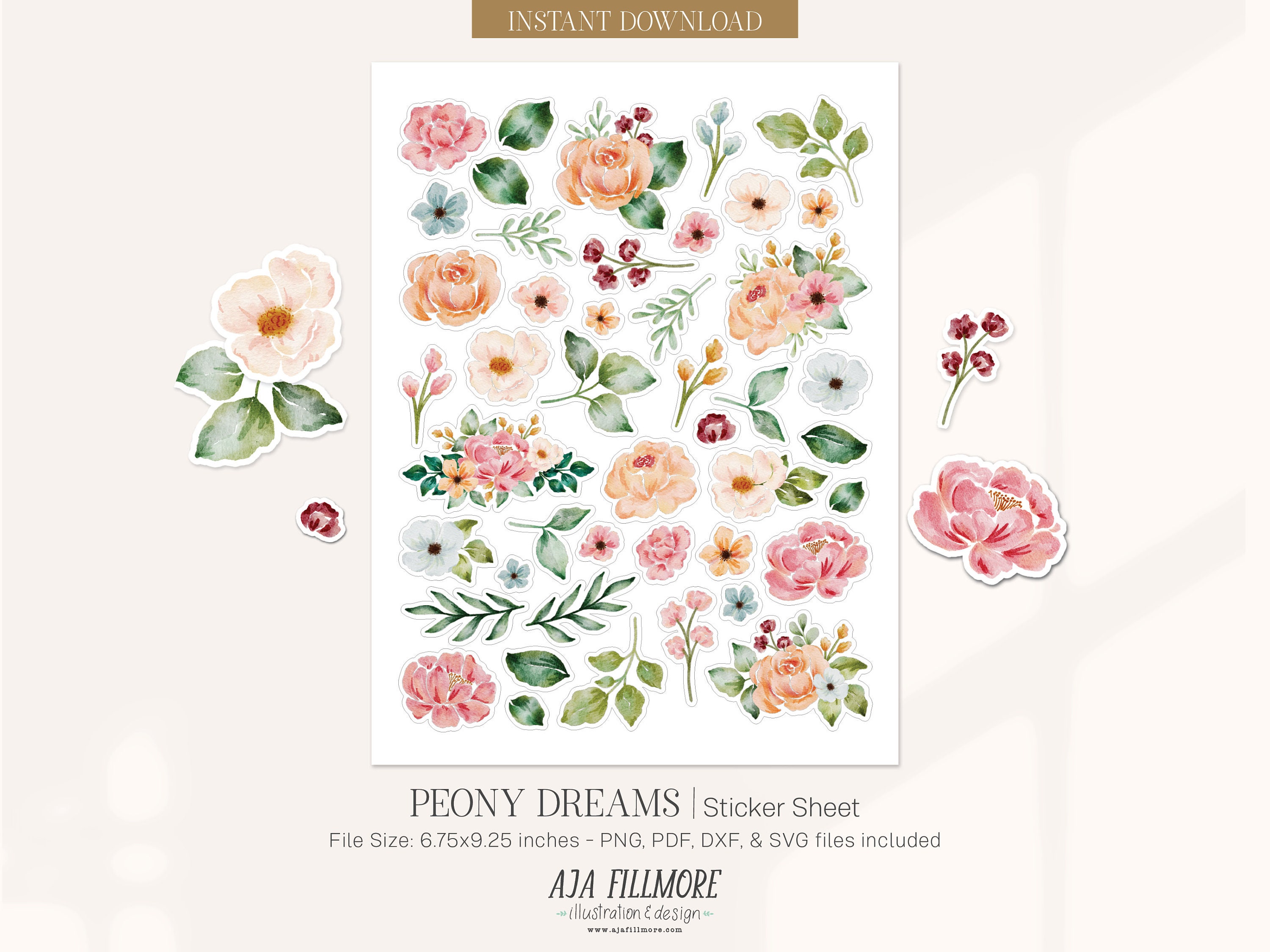 Floral Sticker Sheet, Printable Stickers, Flower Clipart, Digital ...