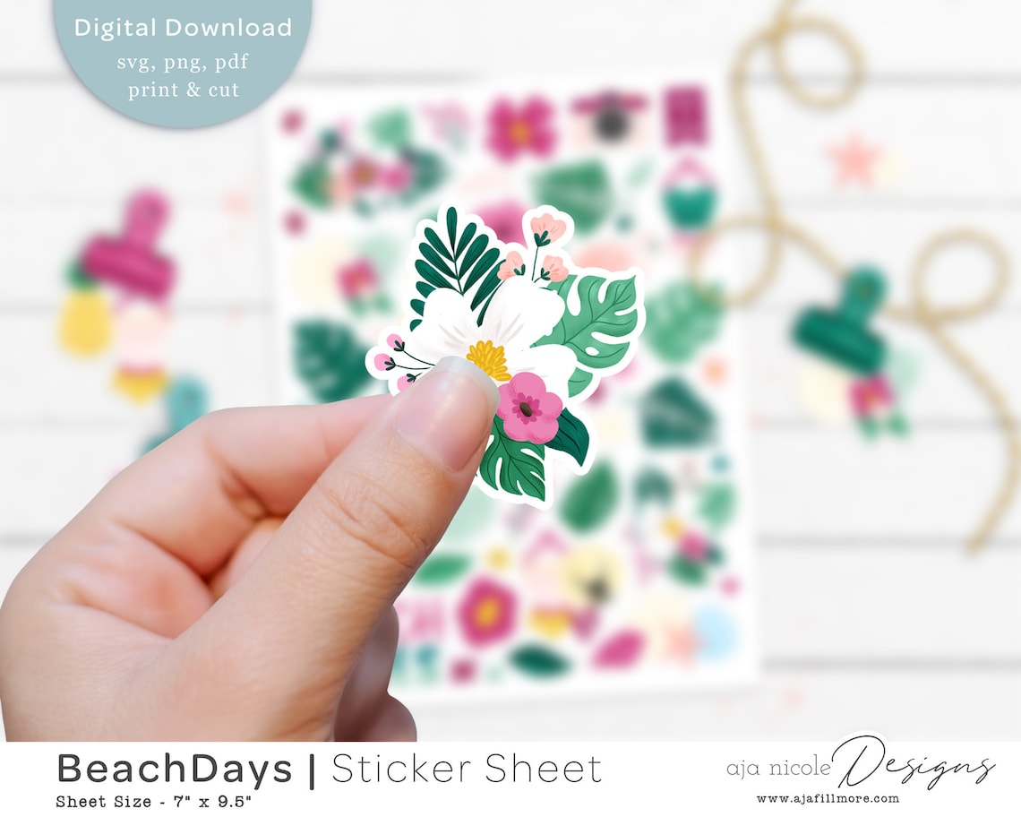 Tropical Stickers, Printable Stickers, Beach Clipart, Digital Stickers ...