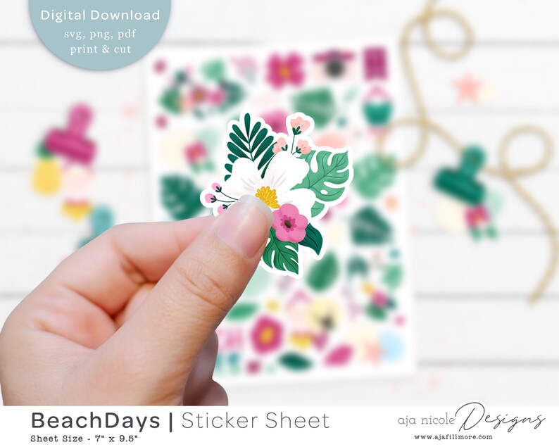 Tropical Stickers, Printable Stickers, Beach Clipart, Digital Stickers ...