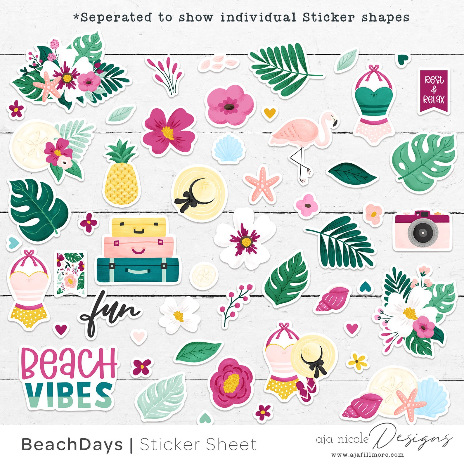 Tropical Stickers, Printable Stickers, Beach Clipart, Digital Stickers ...