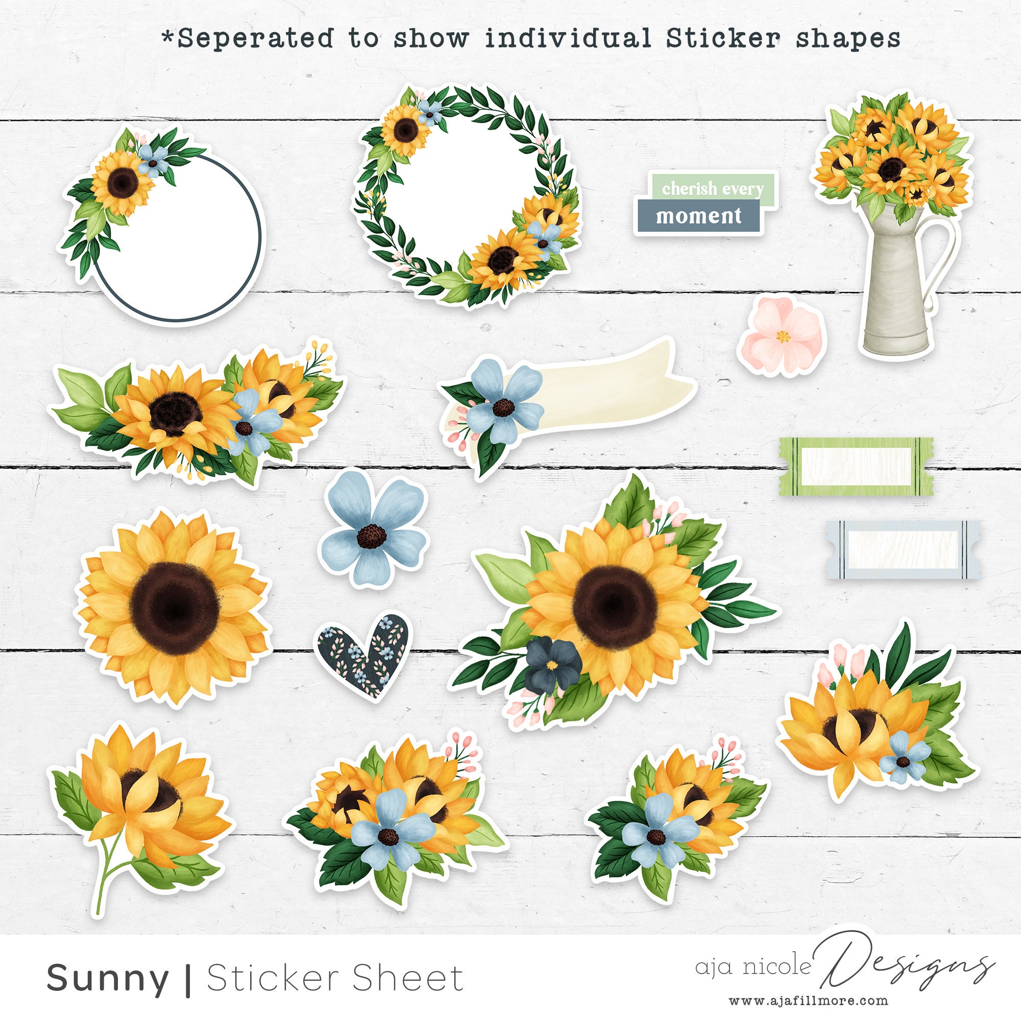 Sunflower Stickers, Printable Stickers, Sunflower Clipart, Digital ...