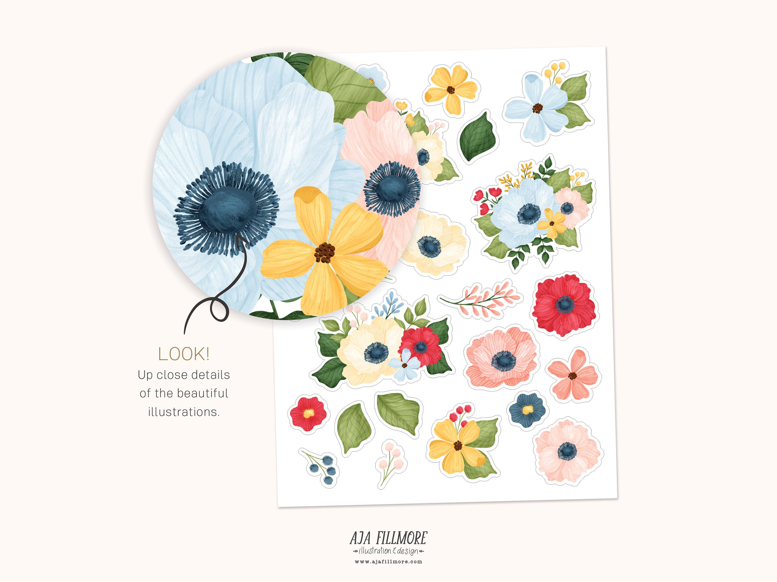 Flower Stickers, Printable Stickers, Flower Clipart, Digital Stickers ...