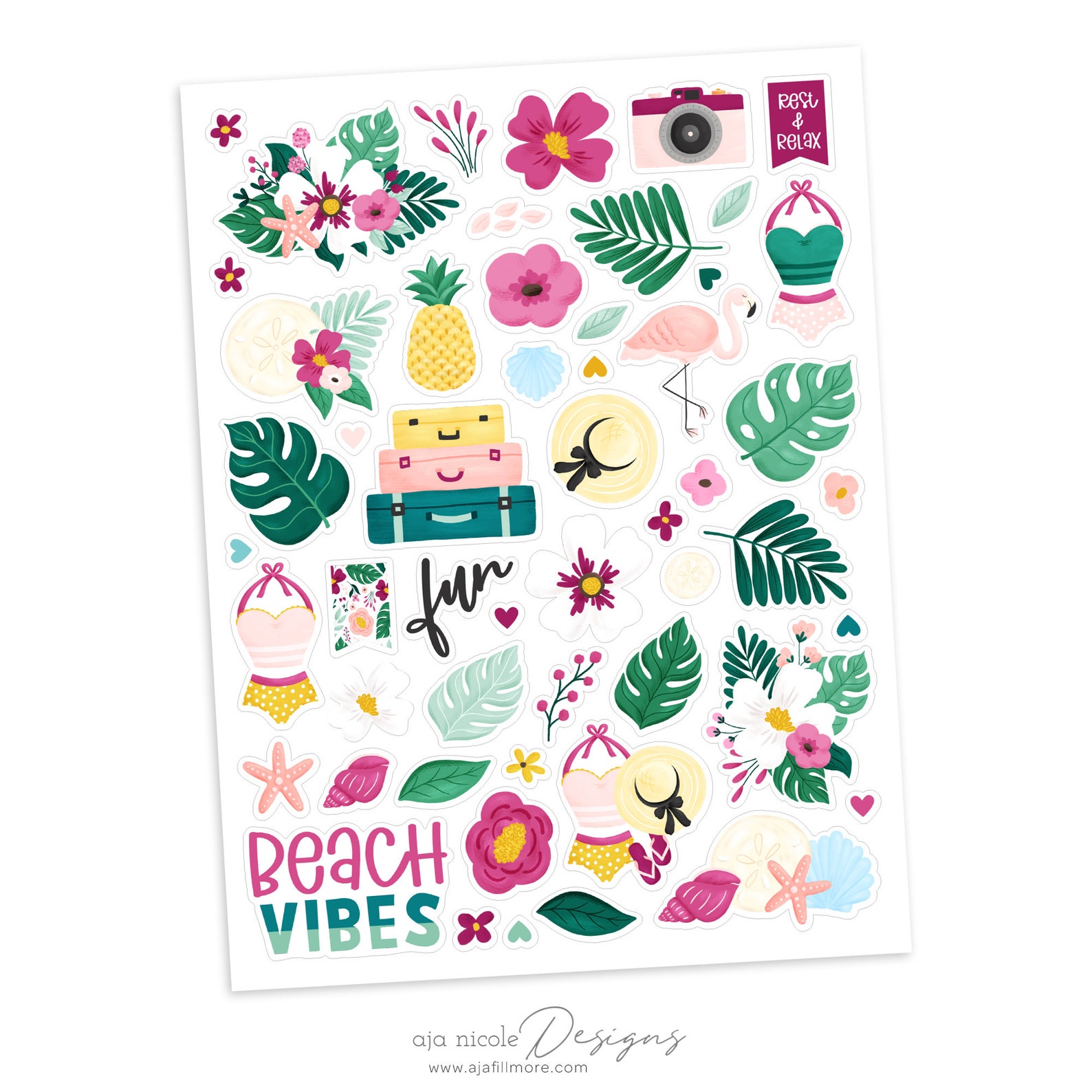 Tropical Stickers, Printable Stickers, Beach Clipart, Digital Stickers ...