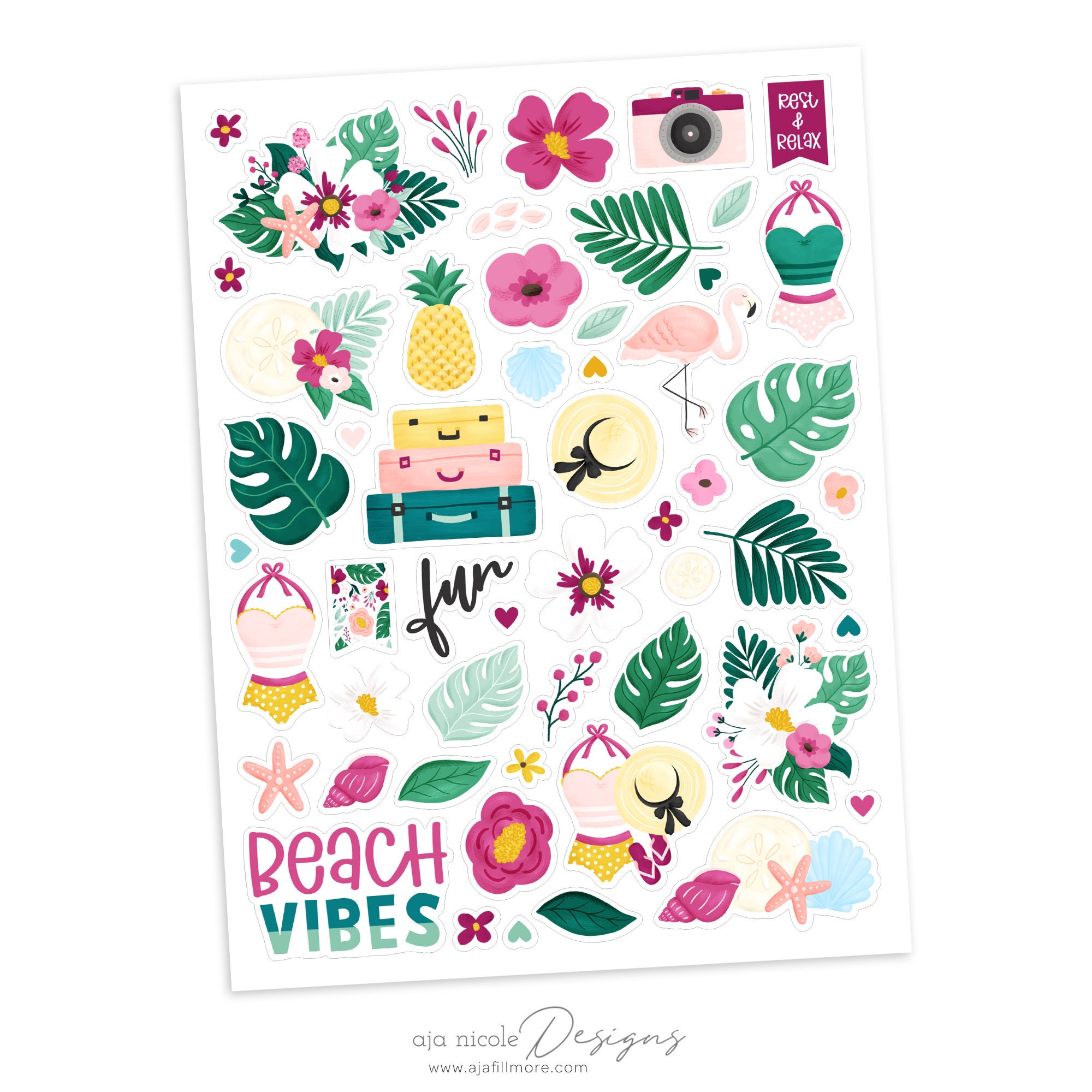 Tropical Stickers, Printable Stickers, Beach Clipart, Digital Stickers ...