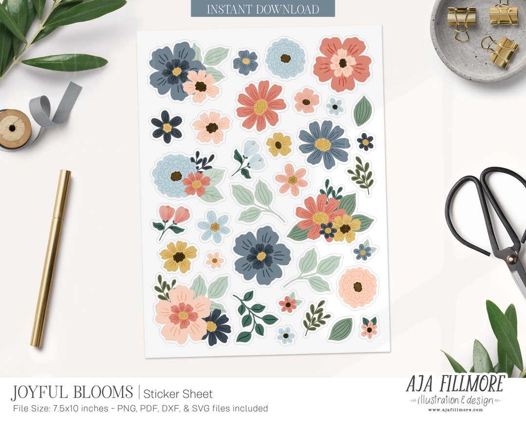 Flower Stickers, Printable Stickers, Flower Clipart, Digital Stickers ...