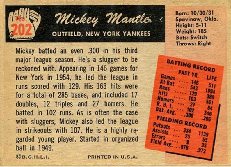 MICKEY MANTLE 1955 Style Custom Made Art Card 30% off When You Buy 10 ...