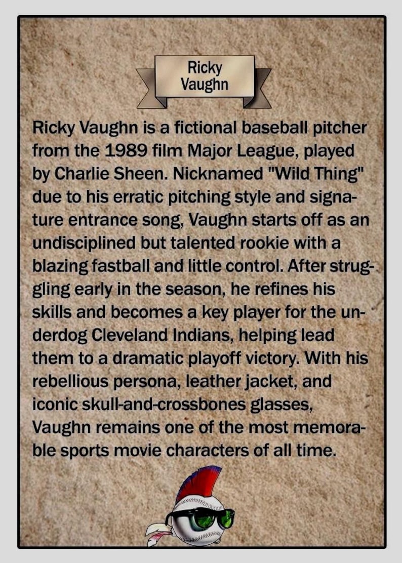 RICKY VAUGHN AKA Charlie Sheen Major League 89 Style Custom Made Art ...