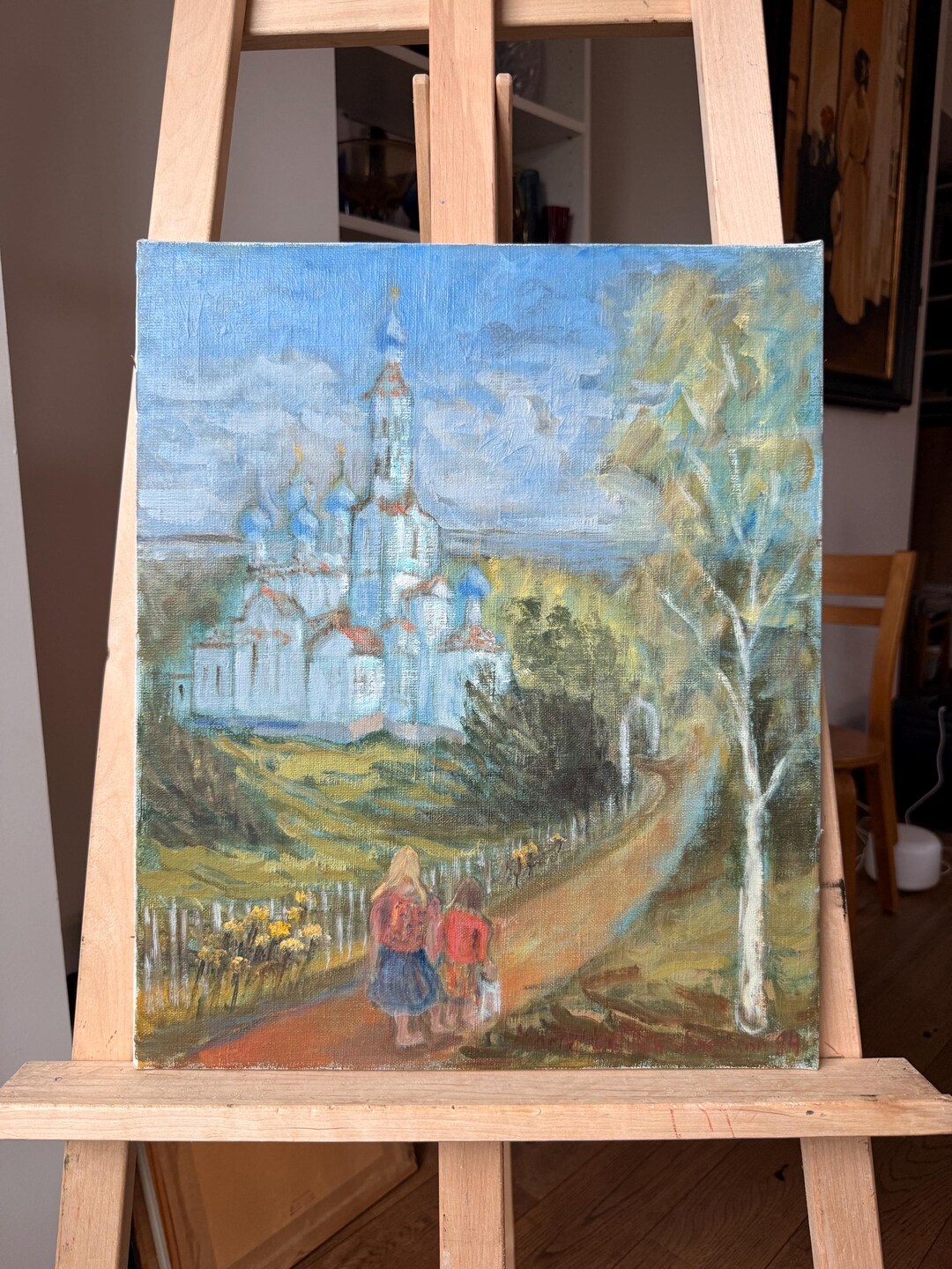 1984 Landscape With Church – Vintage Oil Painting, Children Walking ...